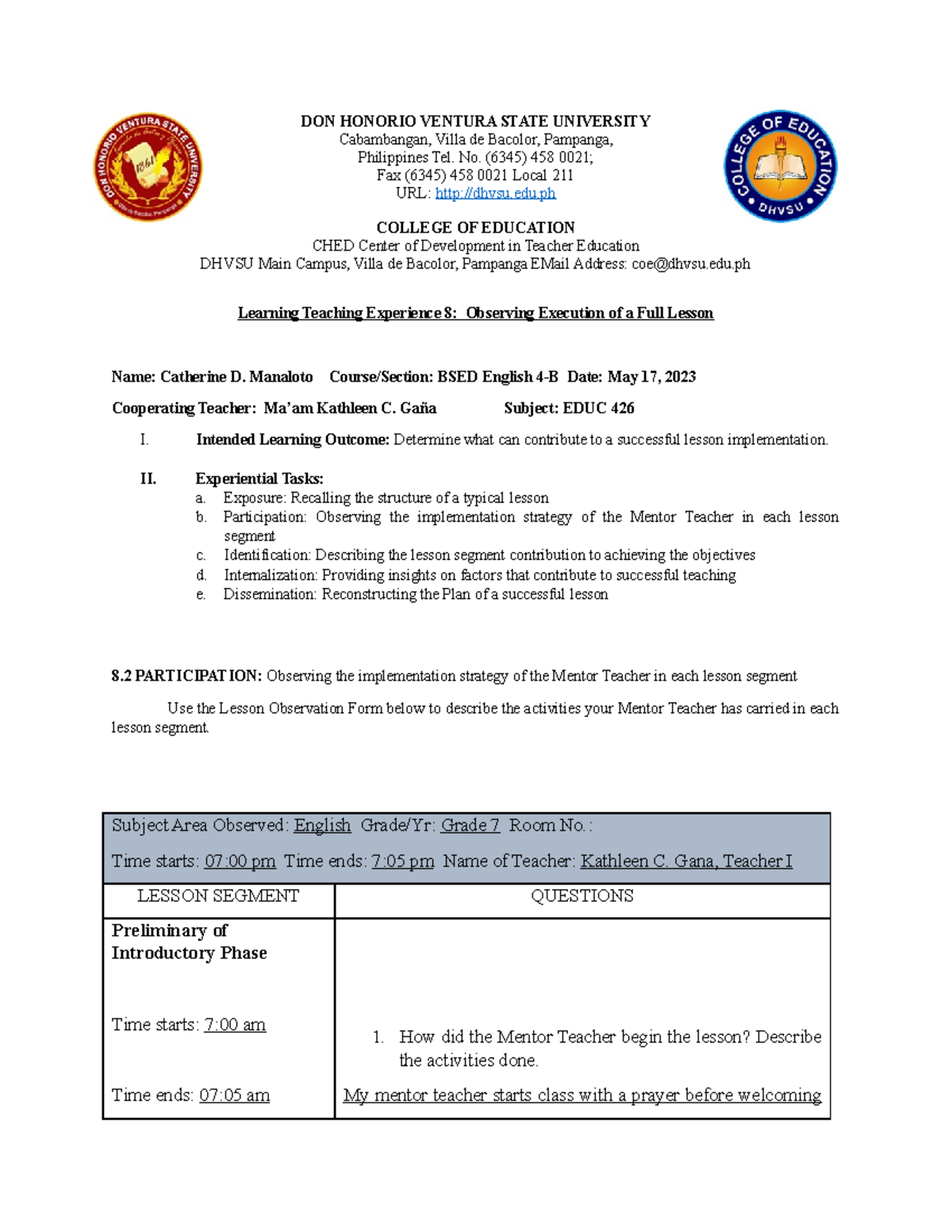 LEARNING - Teaching Experience - DON HONORIO VENTURA STATE UNIVERSITY ...