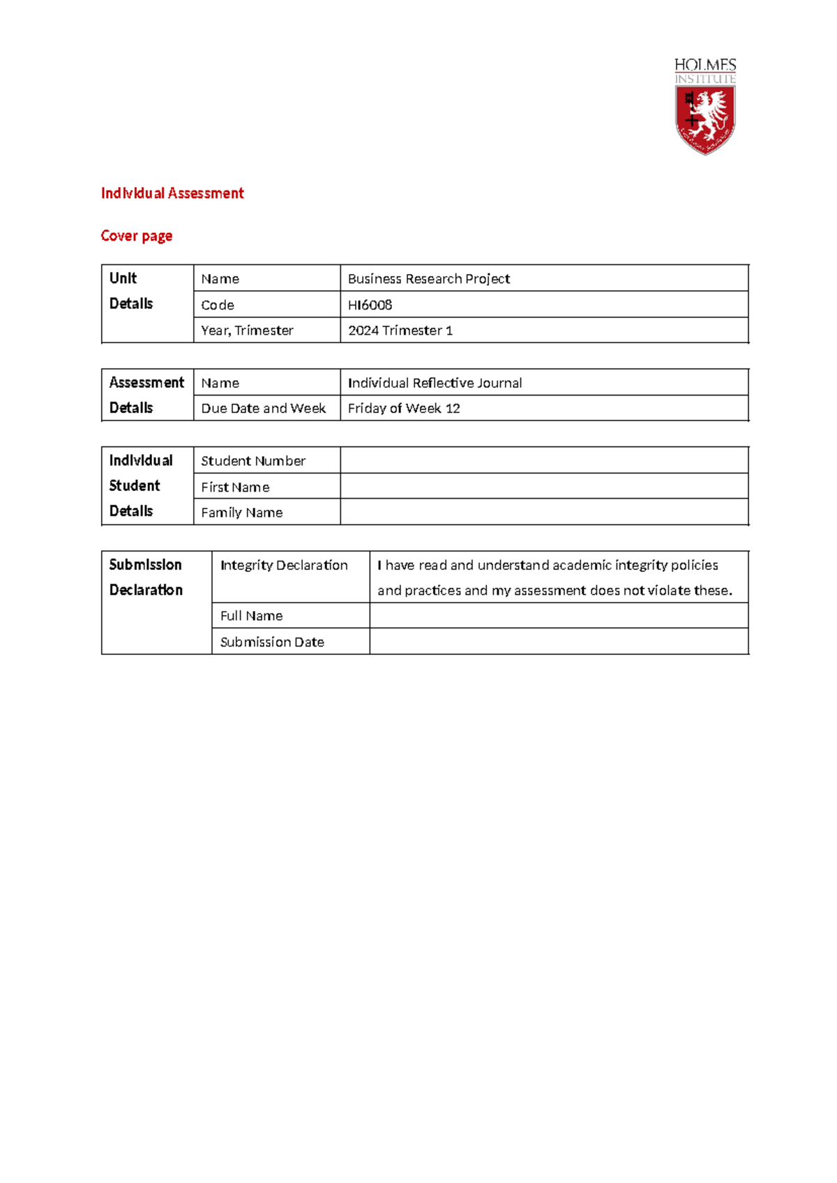 HI6008 2024 T1 Individual Reflective Journal - Individual Assessment ...