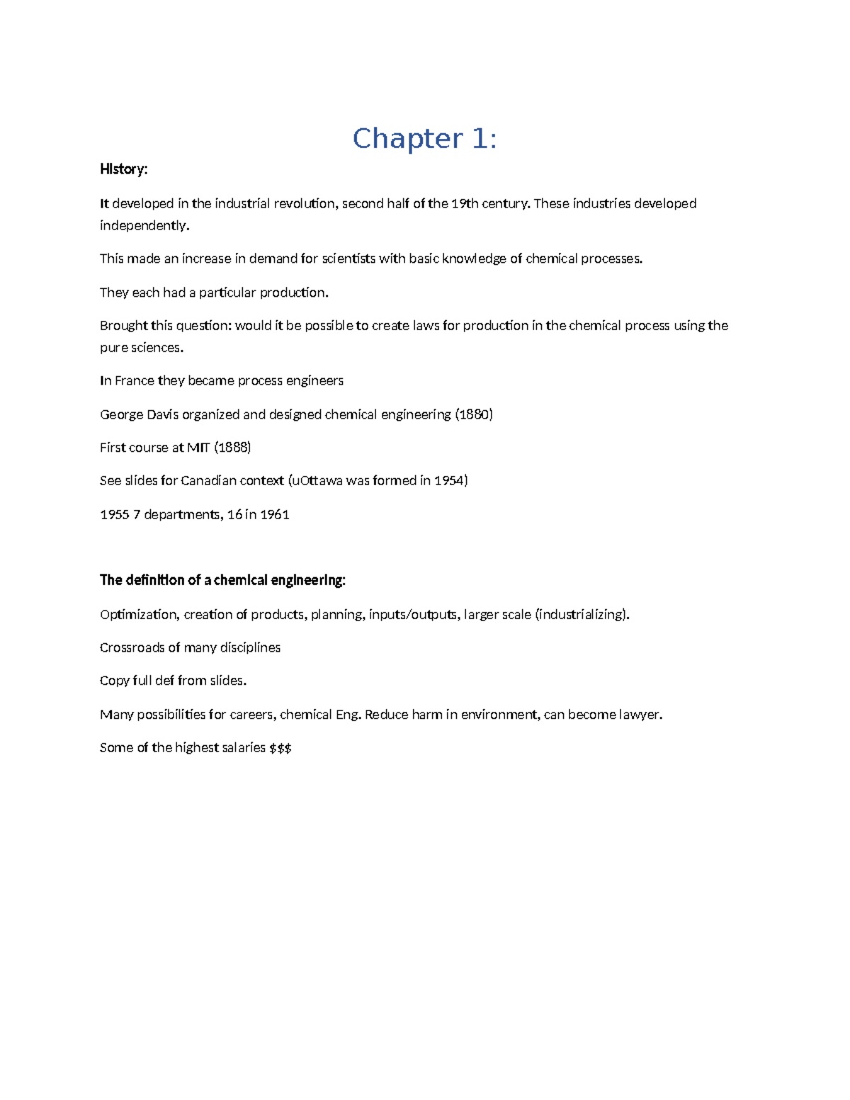 CHG 1125 Chapter 1 notes - Chapter 1: History: It developed in the ...