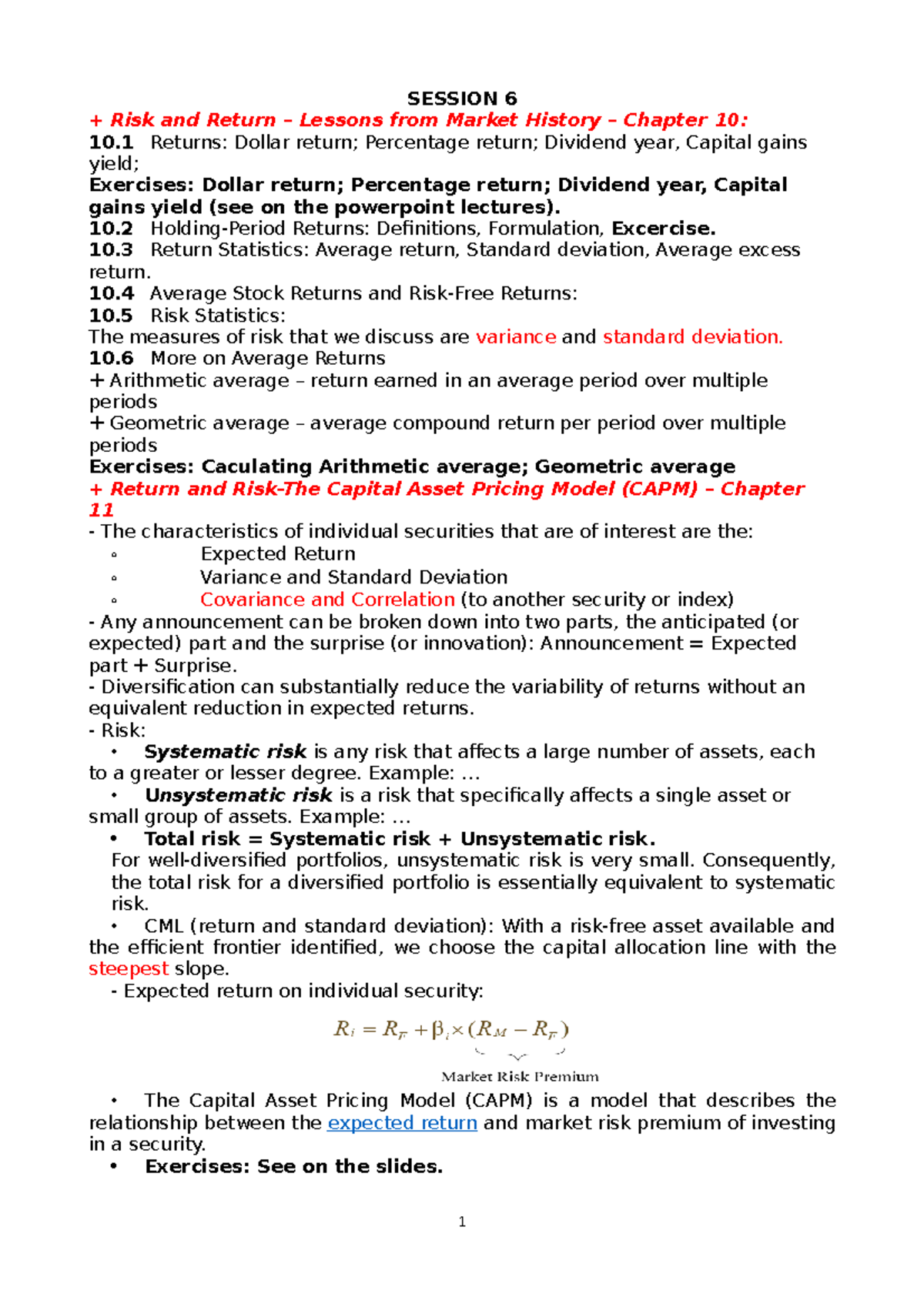 Revise Corporate Finance - SESSION 6 + Risk and Return – Lessons from Market History – Chapter ...
