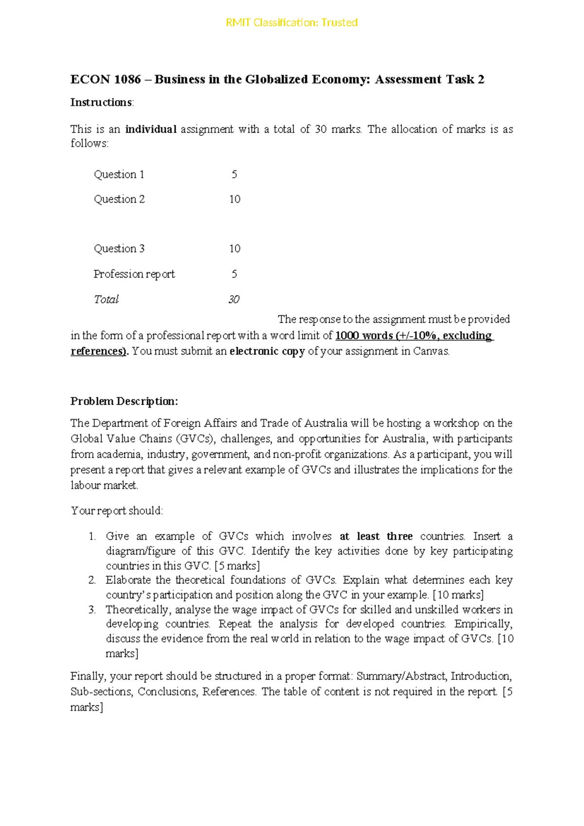 Assessment 2 Instructions S2 2023-1 - RMIT Classification: Trusted ECON 1086 – Business in the ...