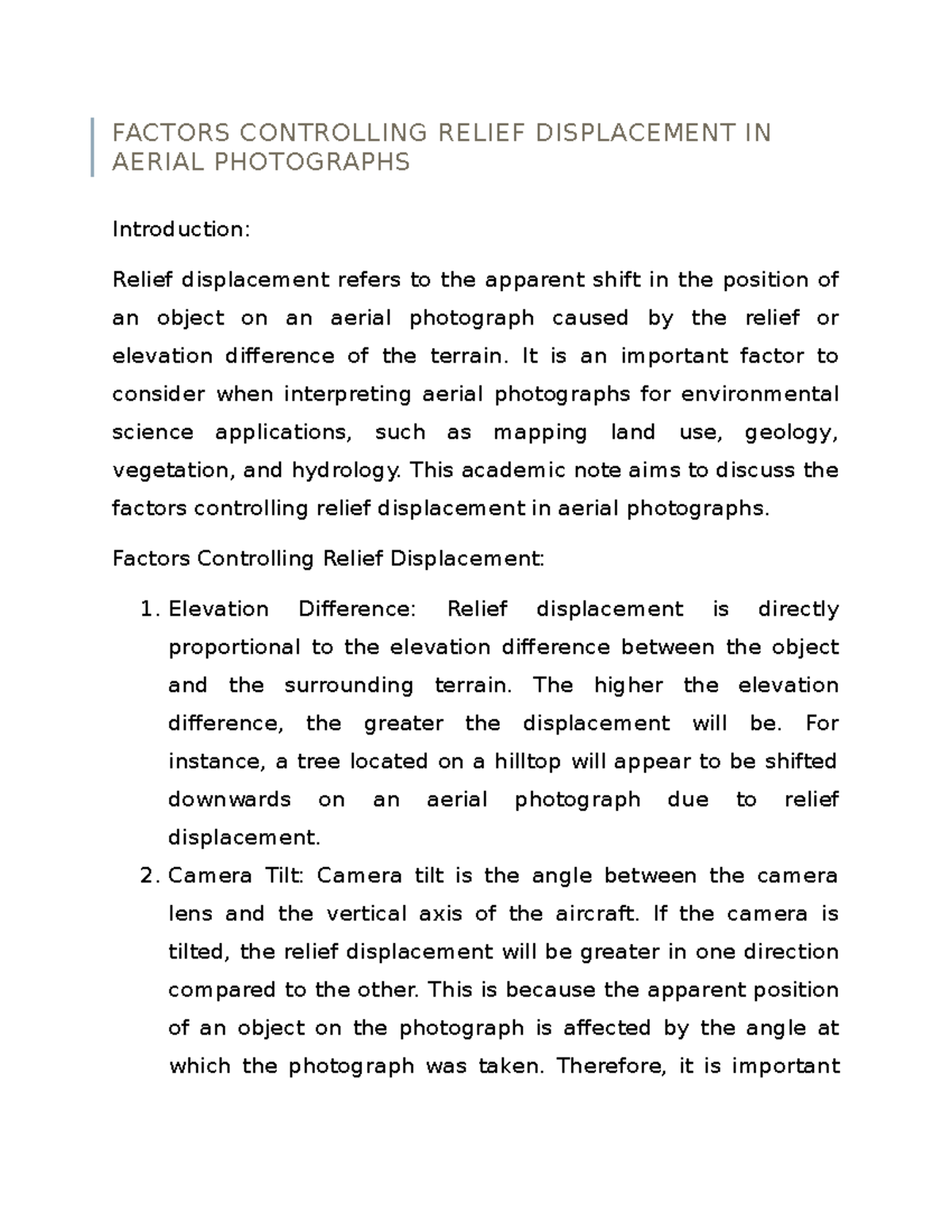 Discuss Factors Controlling Relief Displacement in Aerial Photographs ...