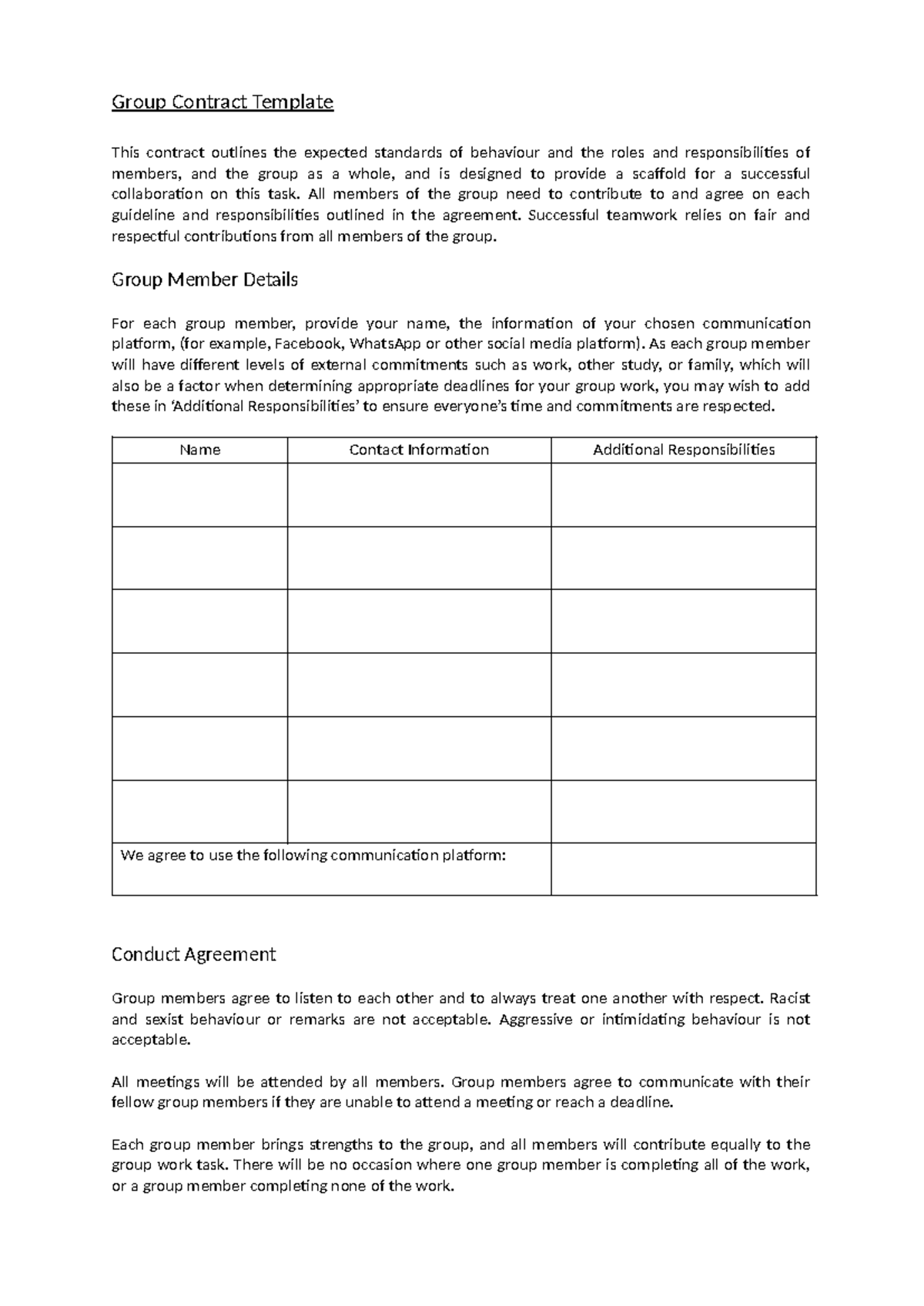 Group Contract Sample Template - Group Contract Template This contract ...