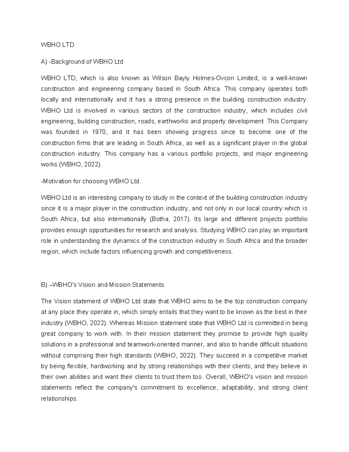 WBHO LTD - Presentation - WBHO LTD A) -Background of WBHO Ltd WBHO LTD ...