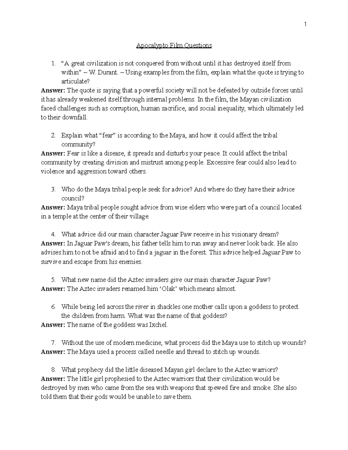 Apocalypto Film Questions - 1 Apocalypto Film Questions “A great ...