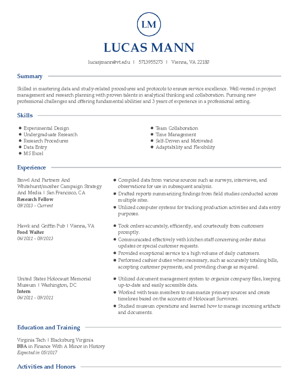 Lucas Mann Resume - LM LUCAS MANN lucasjmann@vt | 5713955273 | Vienna ...