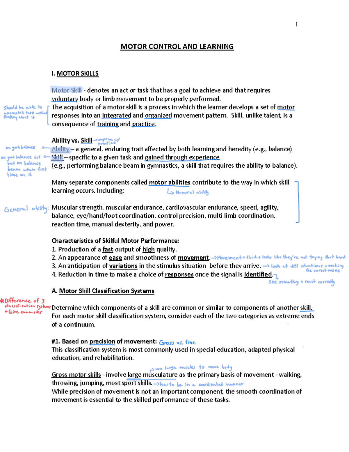 Week 11 notes motor learning - MOTOR CONTROL AND LEARNING I. MOTOR ...