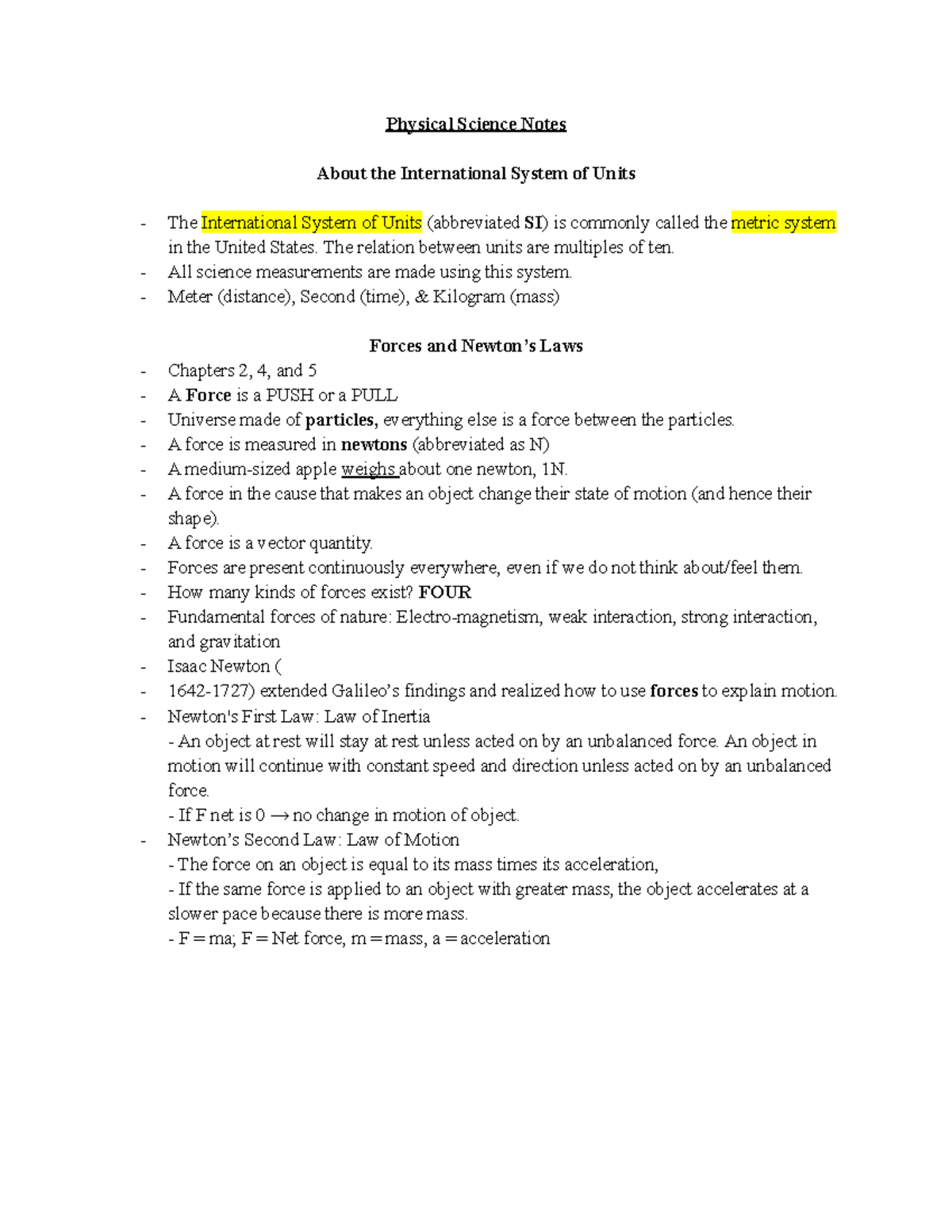 Physical Science SI and Newton's Laws Notes - Physical Science Notes ...