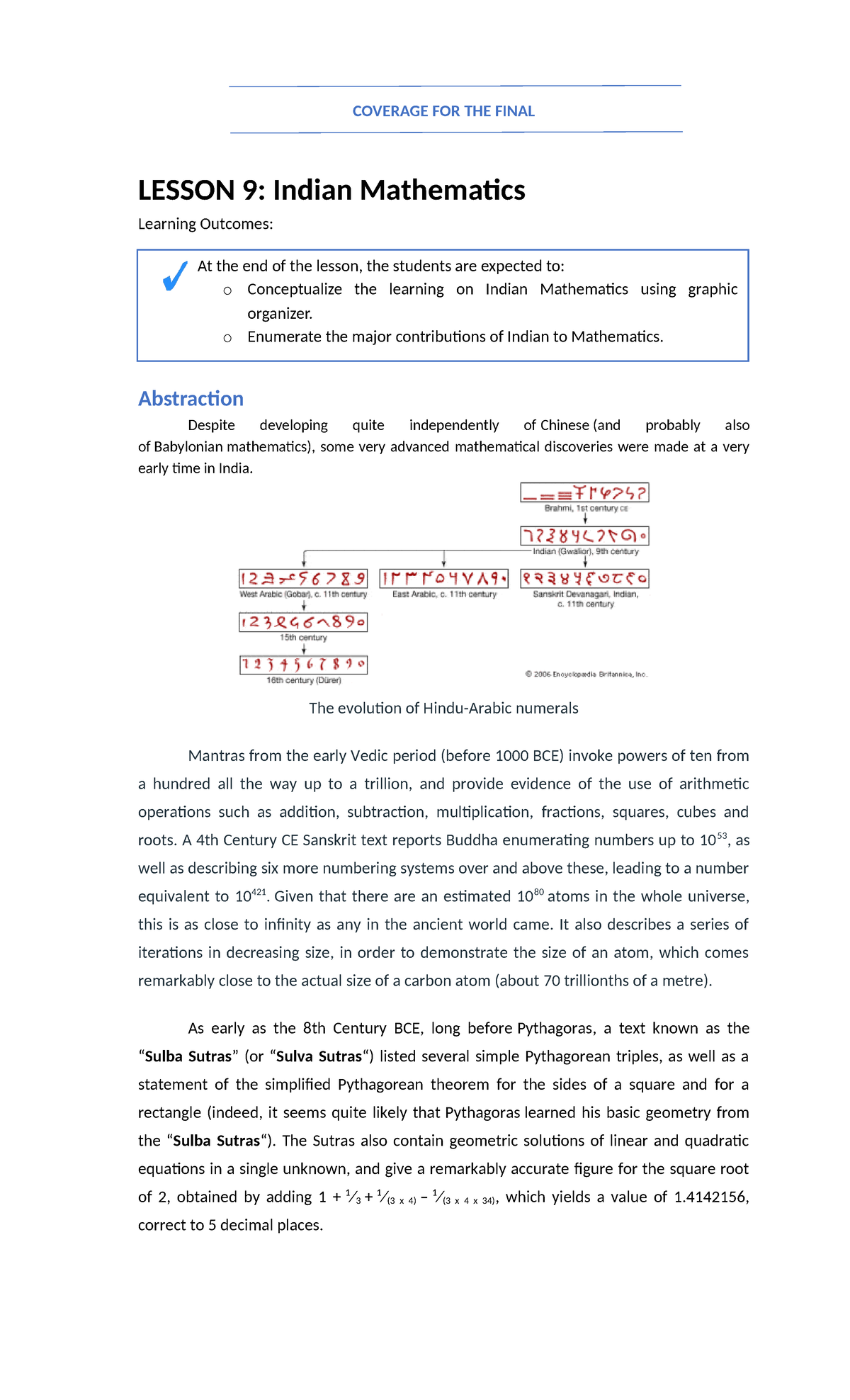 M100 Chapter 9 - COVERAGE FOR THE FINAL LESSON 9: Indian Mathematics ...