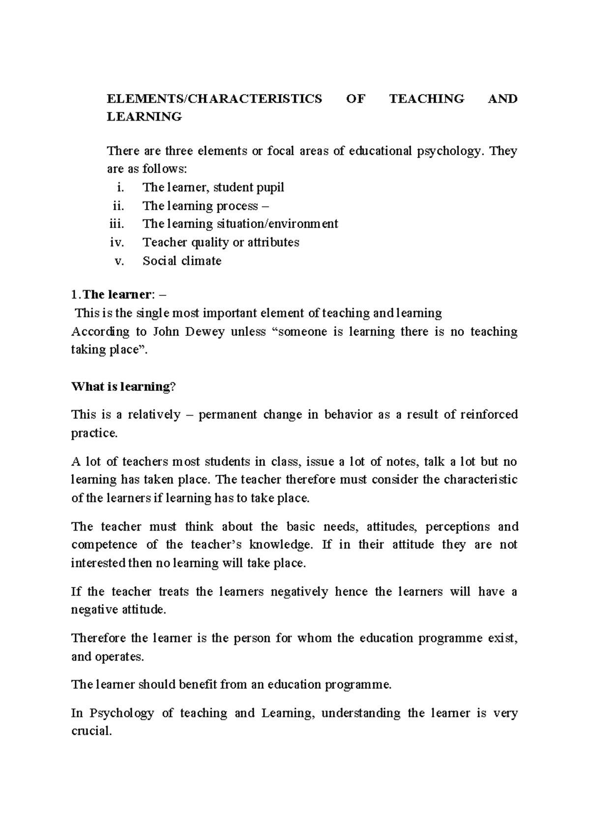 Lesson 2- Elements OF Teaching AND Learning - ELEMENTS/CHARACTERISTICS ...