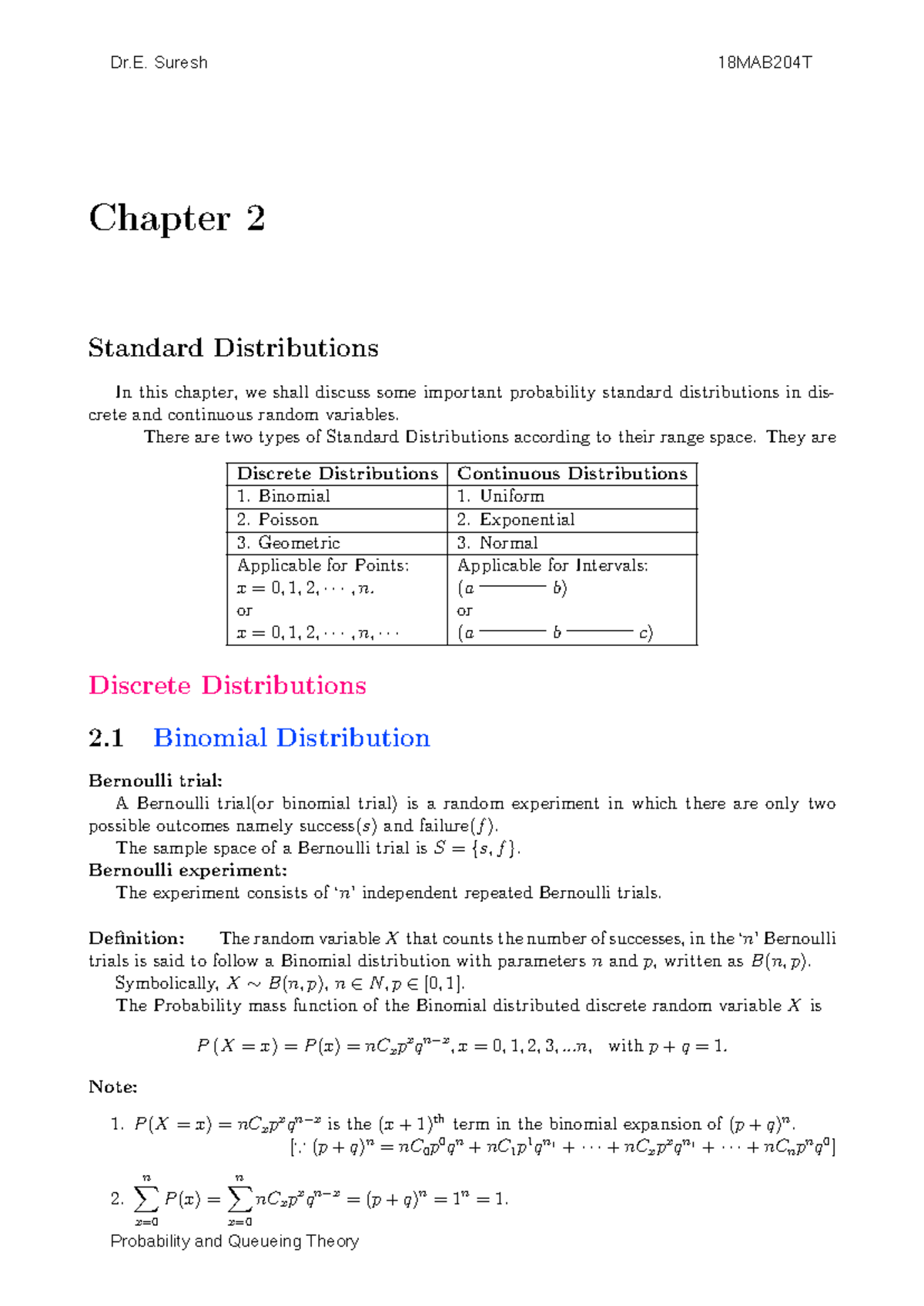 Unit2 notes - Chapter 2 Standard Distributions In this chapter, we ...