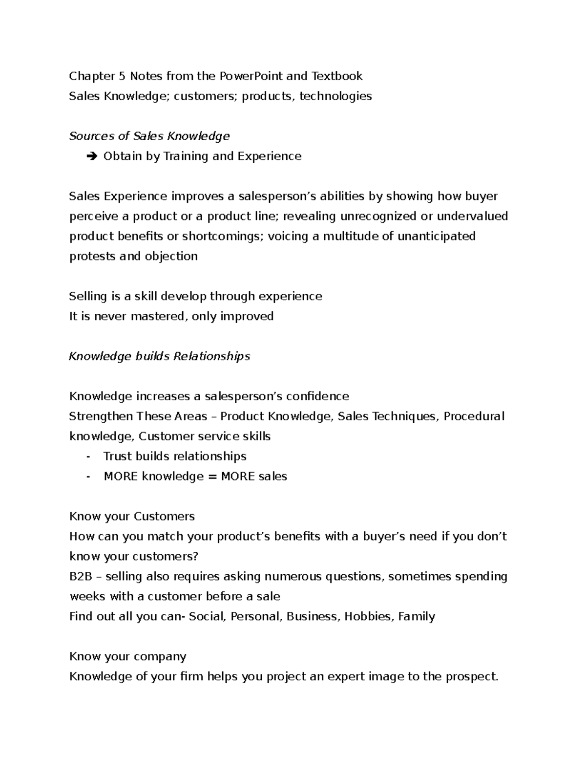 Professional Selling Notes - Chapter 5 Notes from the PowerPoint and ...