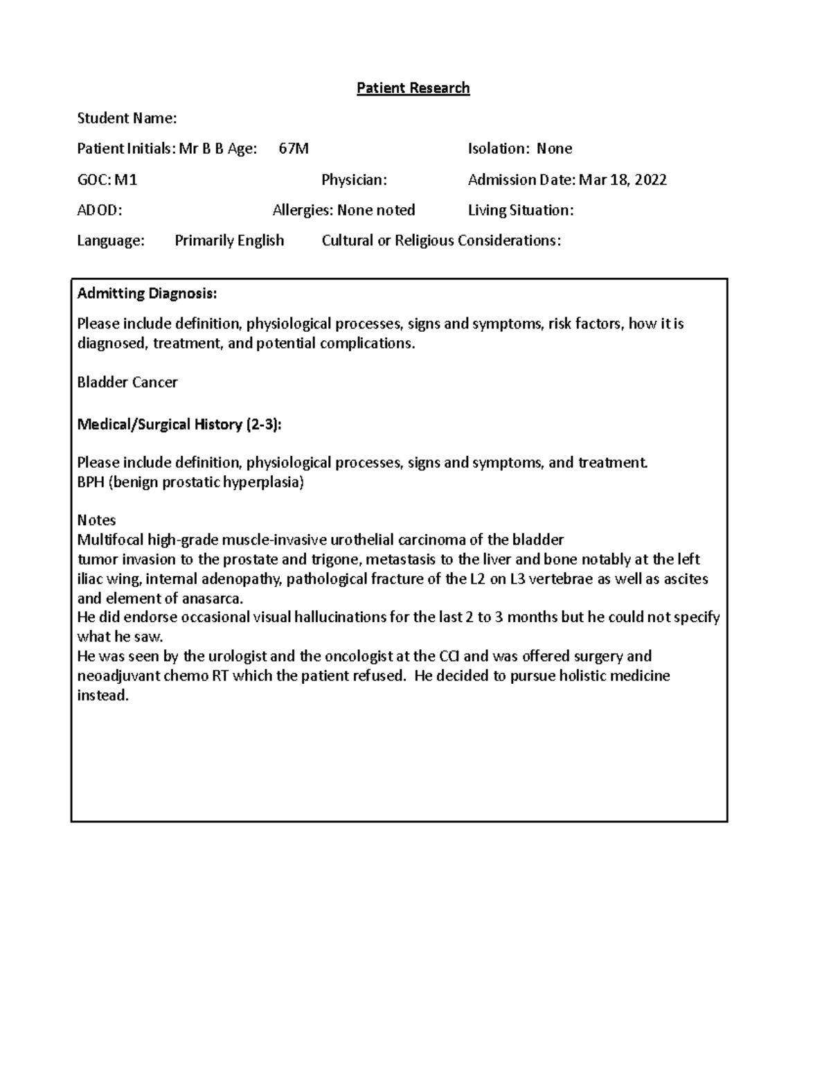 Patient Case Study - Bladder Cancer - Patient Research Student Name ...
