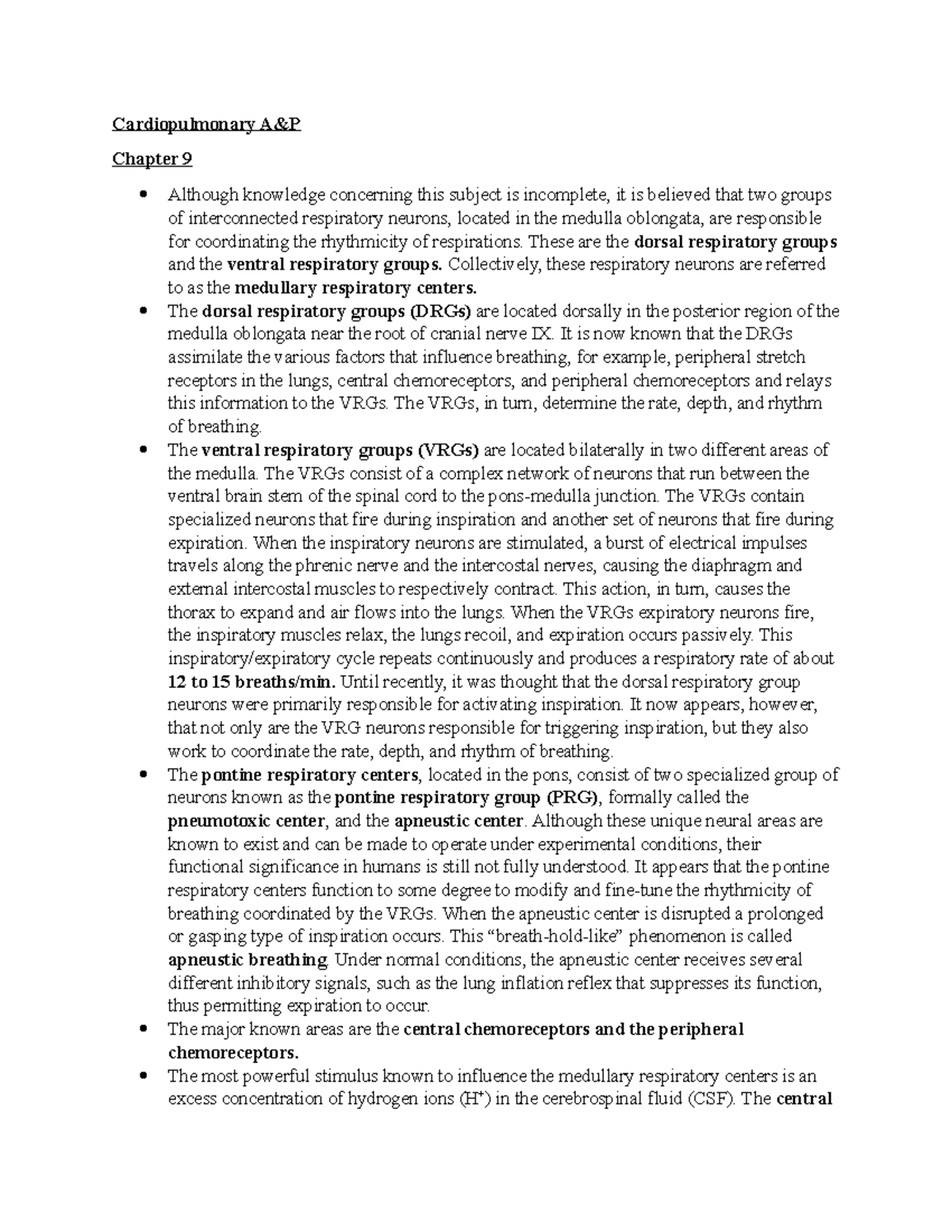 Cardiopulmonary A^0P Chapter 9 - Cardiopulmonary A&P Chapter 9 Although ...