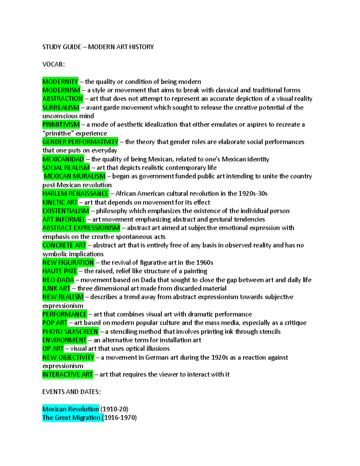 Study Guide 3 - STUDY GUIDE – MODERN ART HISTORY VOCAB: MODERNITY – the ...