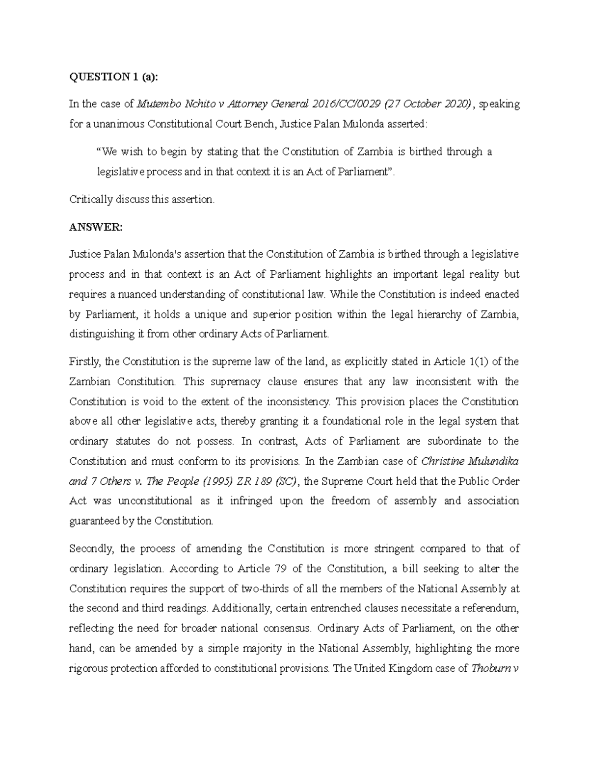 Constitutional LAW Paper - QUESTION 1 (a): In the case of Mutembo ...