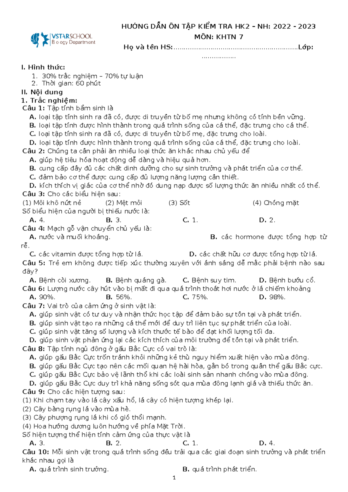 Decuong - KHTN7 - HK2 - 2223 - HS - HƯỚNG DẪN ÔN TẬP KIỂM TRA HK2 – NH: 2022 - 2023 MÔN: KHTN 7 ...