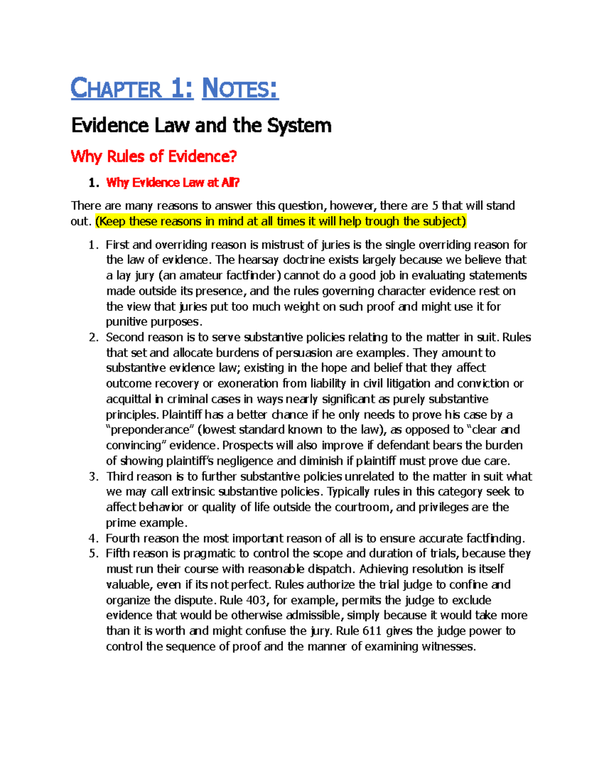 Chapter 1 Notes - module motes - CHAPTER 1 : NOTES: Evidence Law and ...