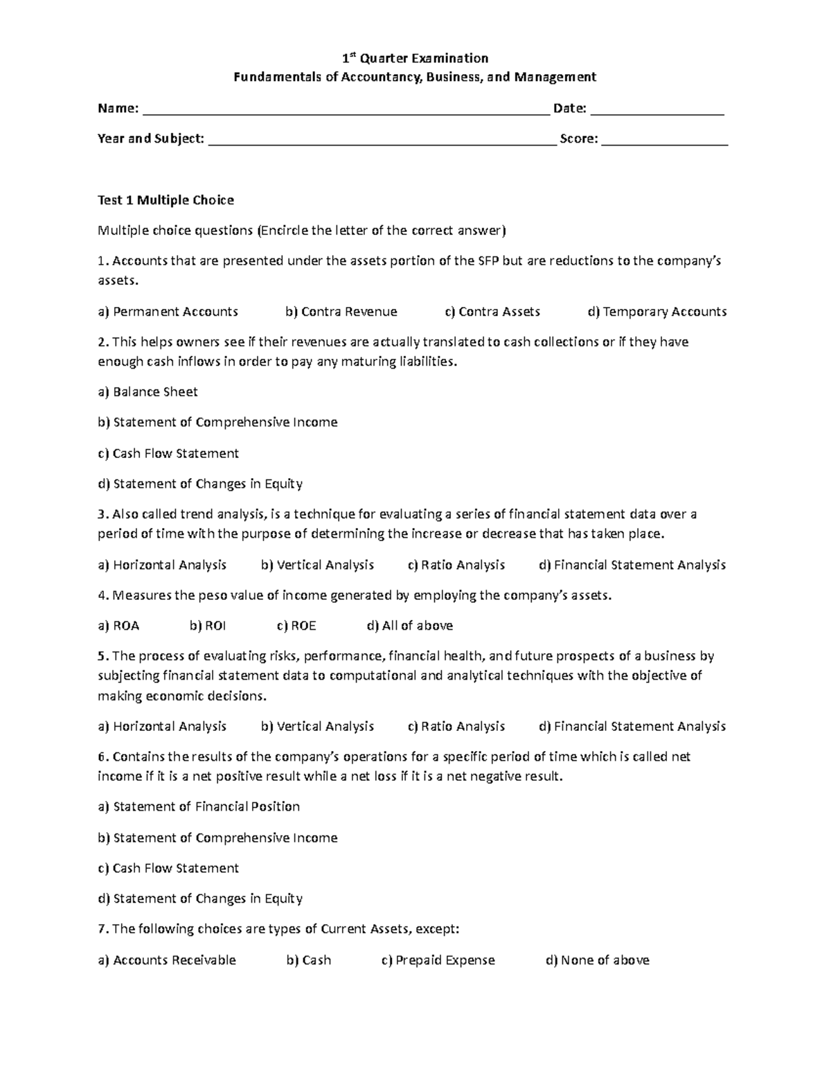 FABM EXAM - FABM 2 - Fundamentals of Accountancy, Business, and ...