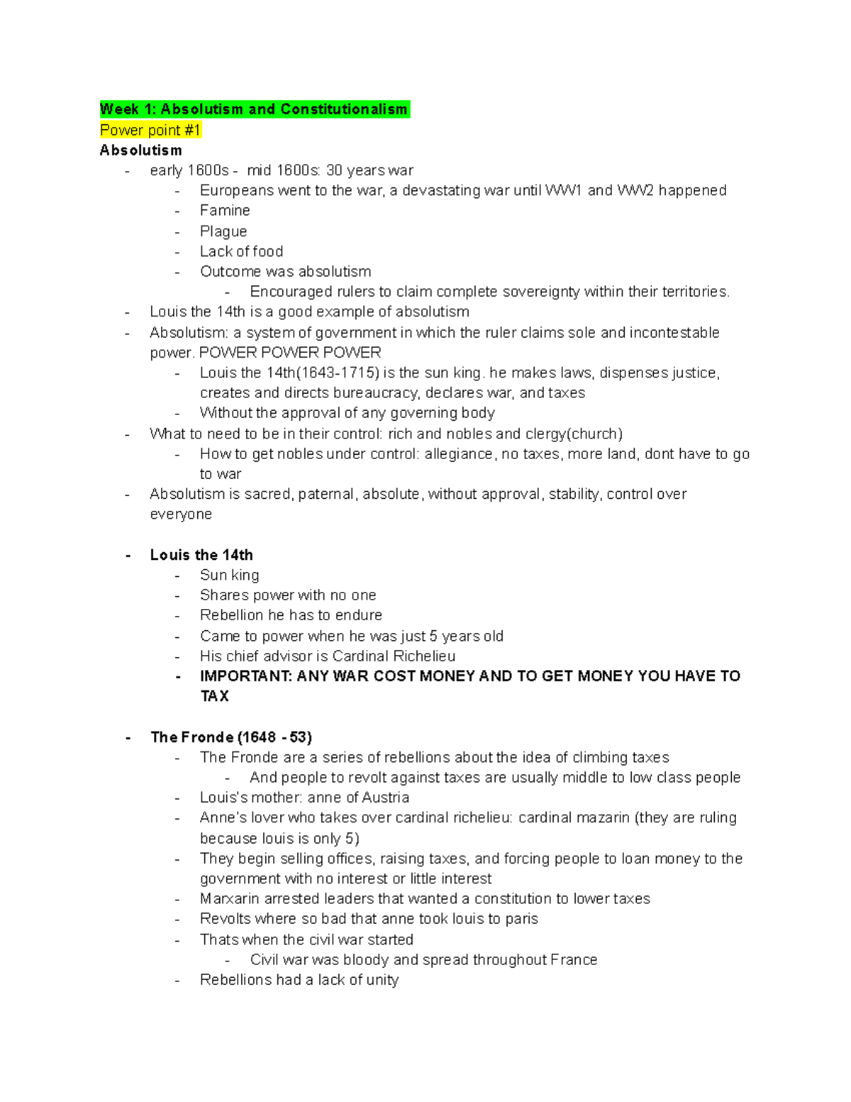 HIST A102( Western), notes #1 - Week 1: Absolutism and ...