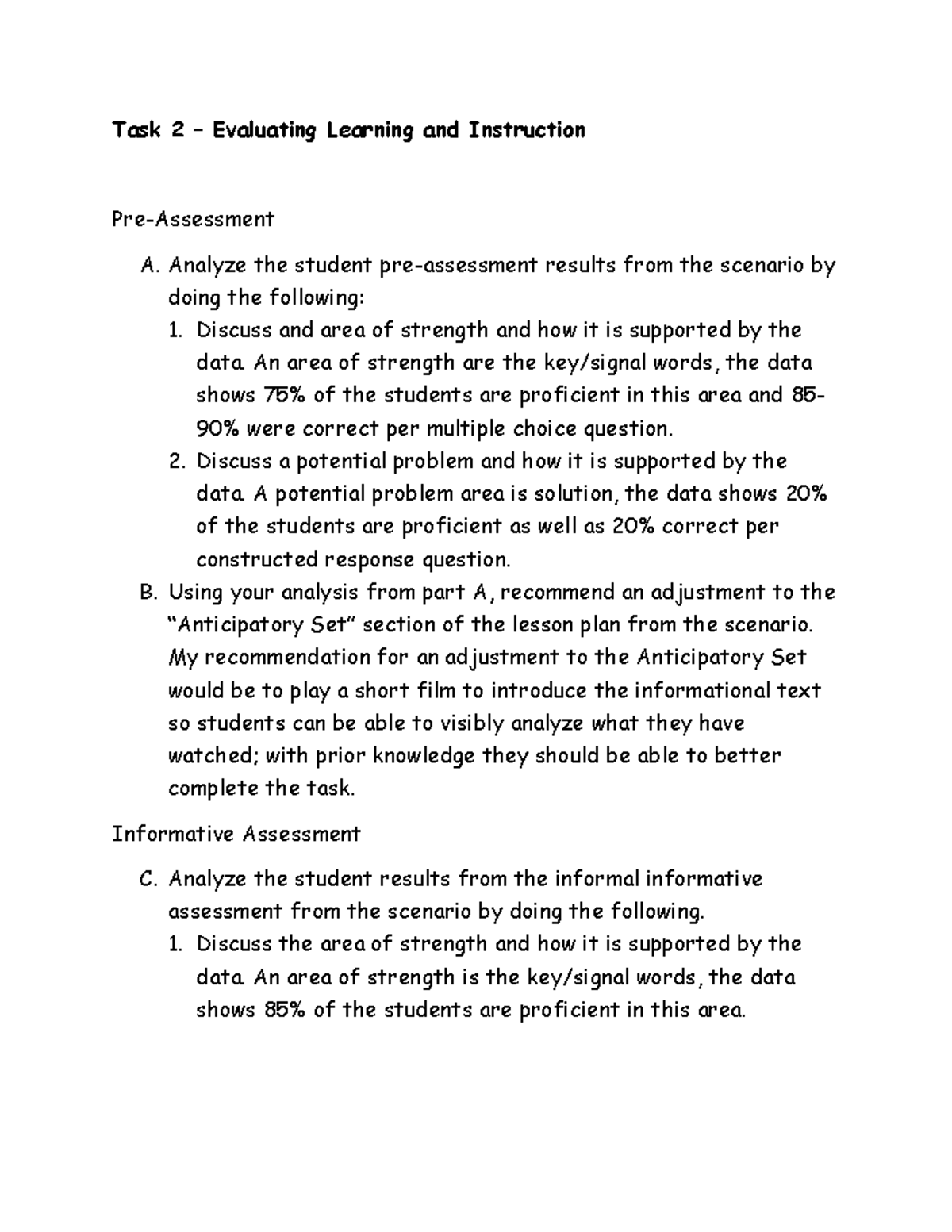 Assessing Student Learning - Task 2 - Oglatha Bransom - Task 2 ...