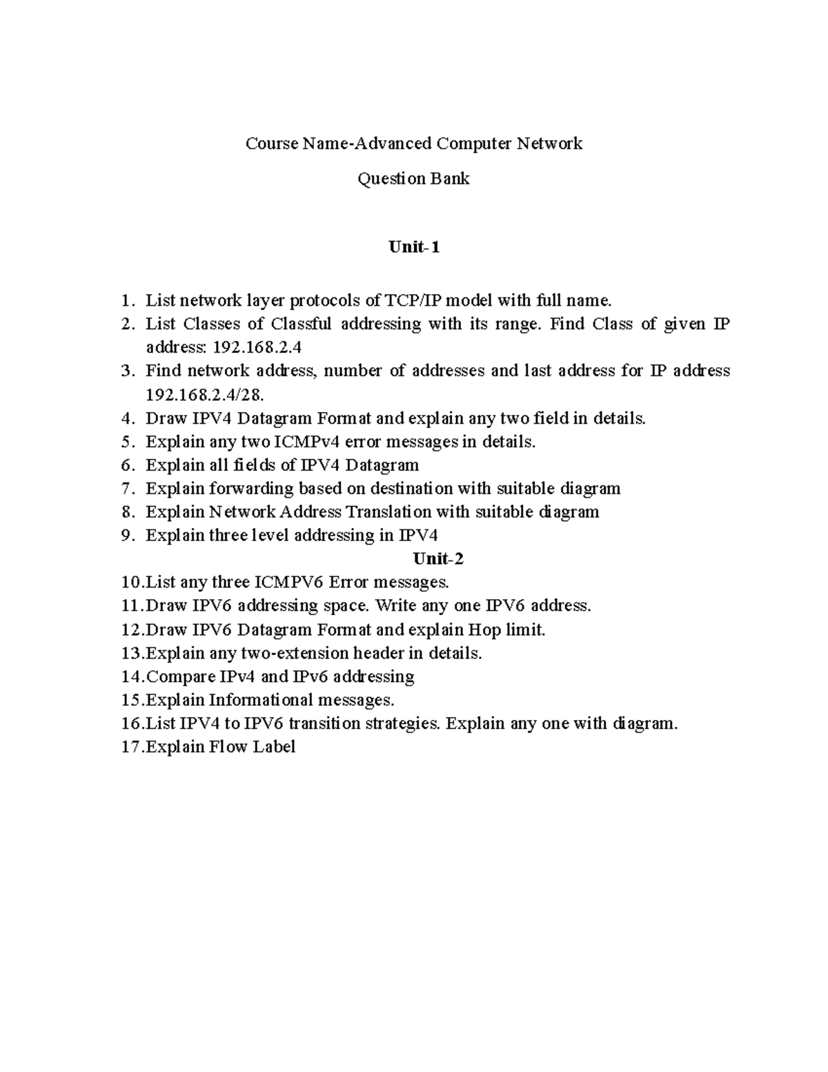 ACN- Question BANK - Course Name-Advanced Computer Network Question Bank Unit- List network ...