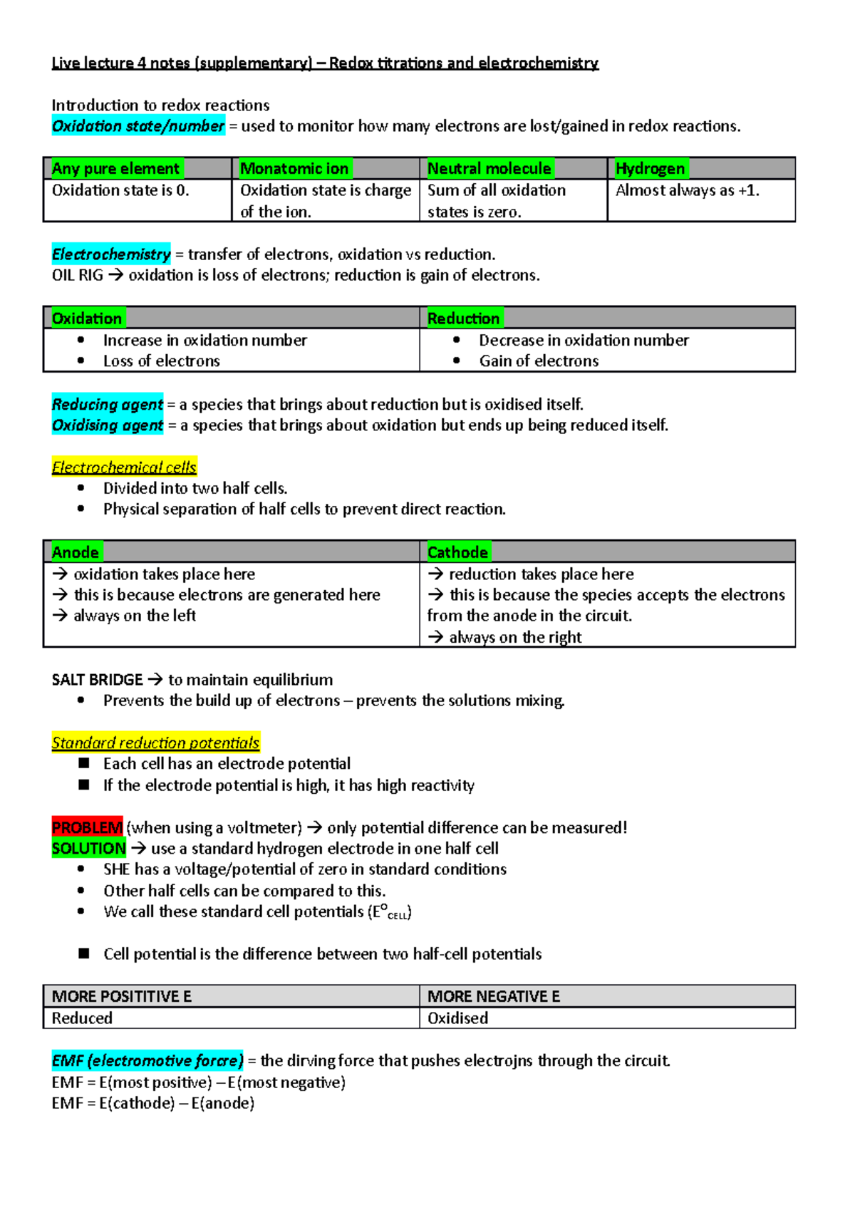 Lecture 4 - Redox titrations and electrochemistry - Live lecture 4 ...