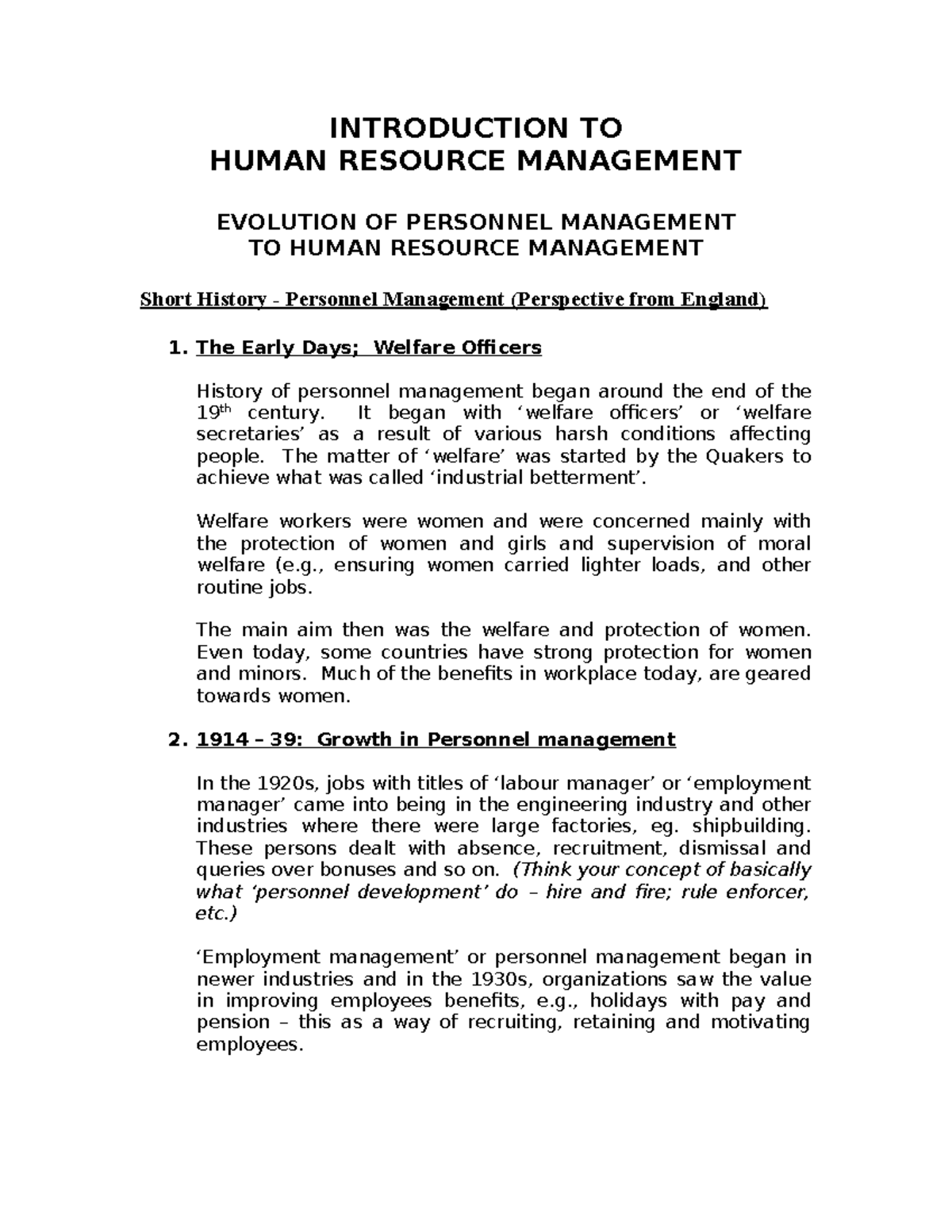 Evolution of Personnel to HRM - INTRODUCTION TO HUMAN RESOURCE ...