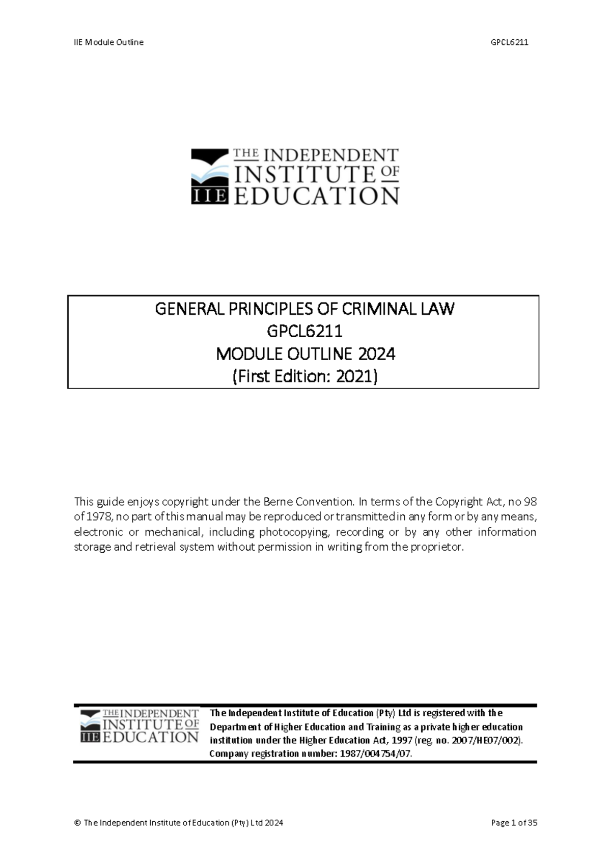 Module Outline - GENERAL PRINCIPLES OF CRIMINAL LAW GPCL 6211 MODULE OUTLINE 2024 (First Edition ...