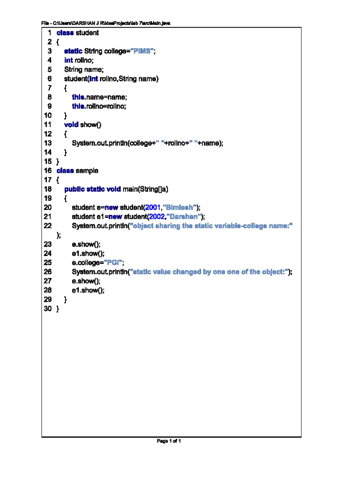 Lab 7 - LAB PROGRAMS - File J 1 class student 2 3 static String 4 int 5 String 6 student(int ...