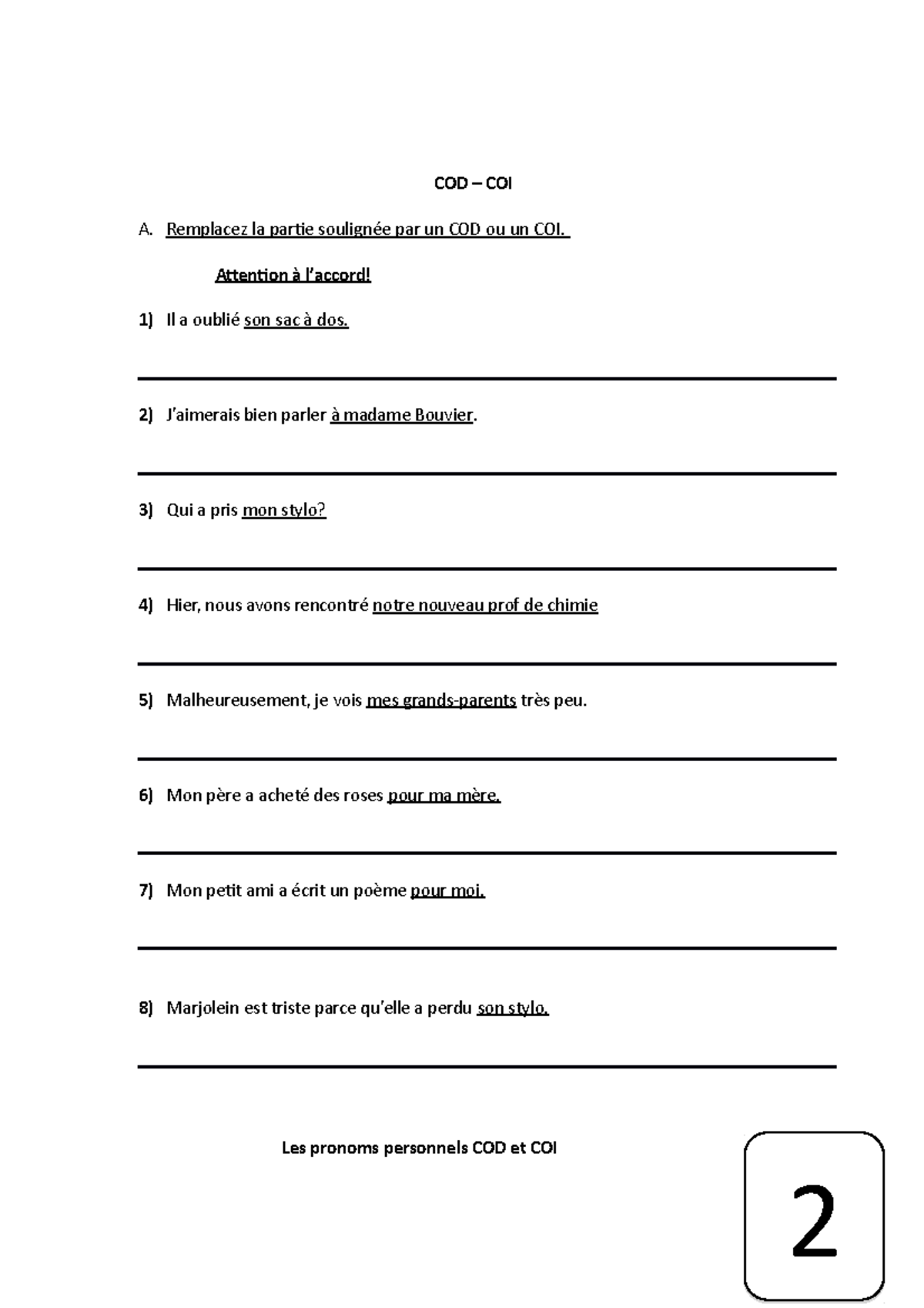 3AASO P1 COD COI 421 exercices - COD – COI A. Remplacez la partie ...