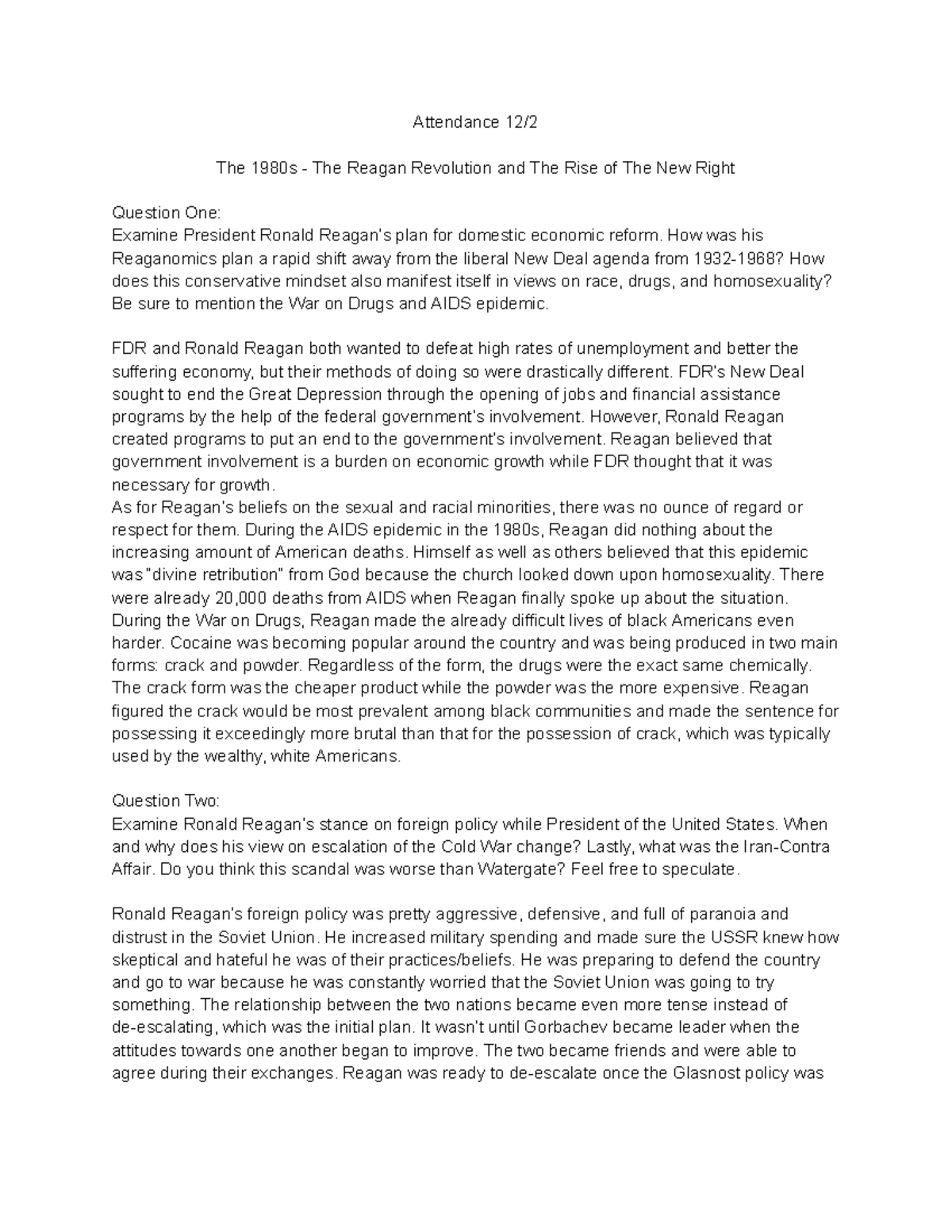 Attendance 12 2 - Attendance 12/ The 1980s - The Reagan Revolution and ...