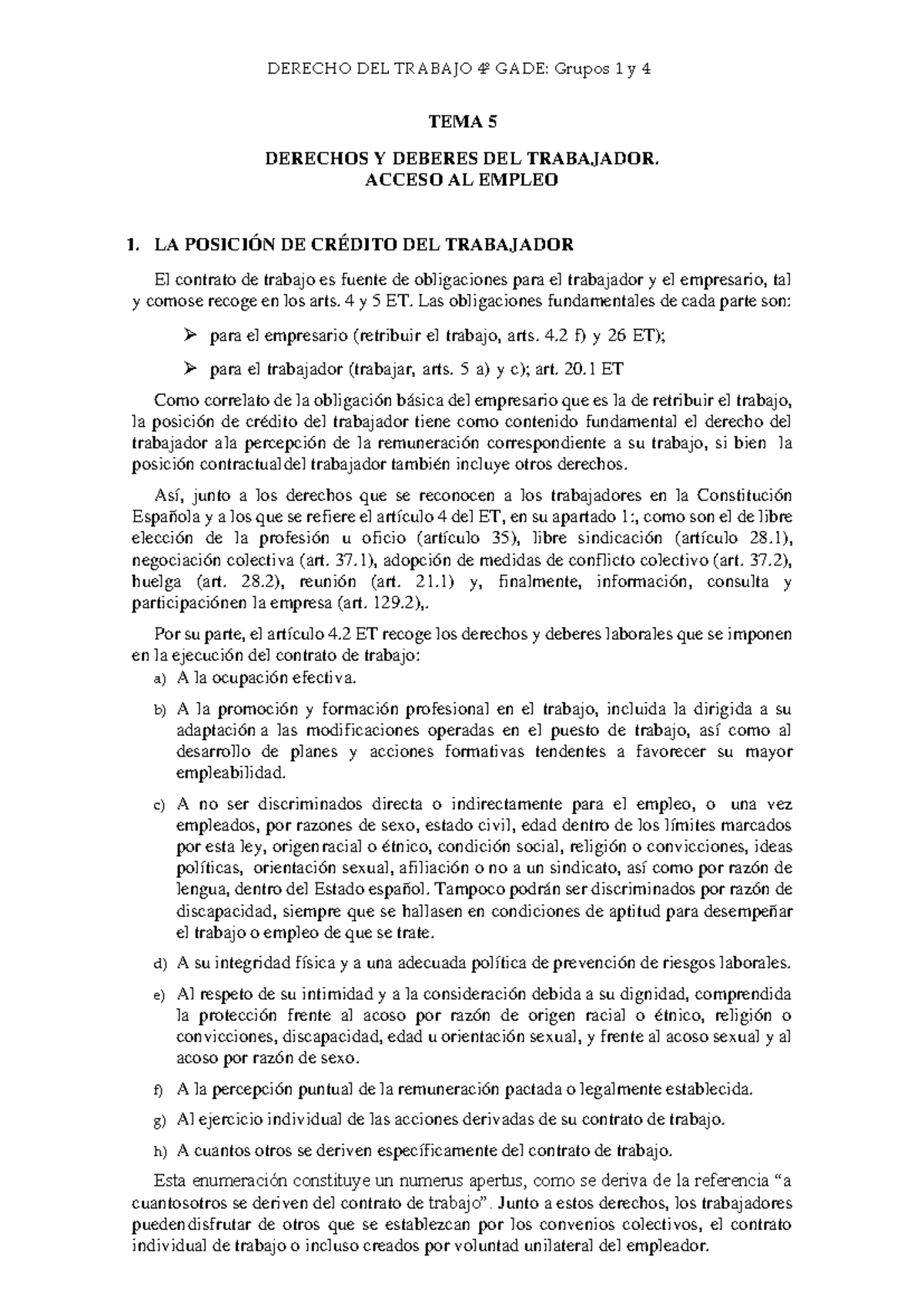 TEMA 5 ADE - derecho trabajo tema cinco pdf - TEMA 5 DERECHOS Y DEBERES DEL TRABAJADOR. ACCESO ...