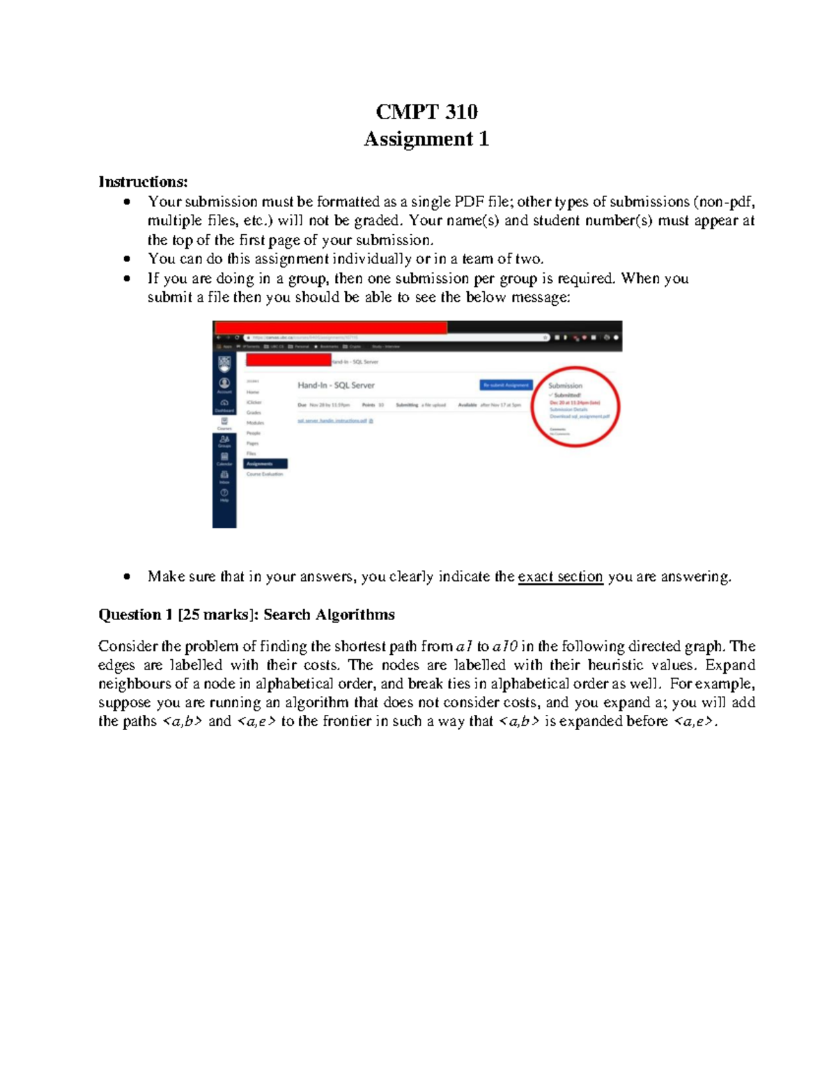 Assignment 1 - CMPT 310 Assignment 1 Instructions: - Your submission must be formatted as a ...