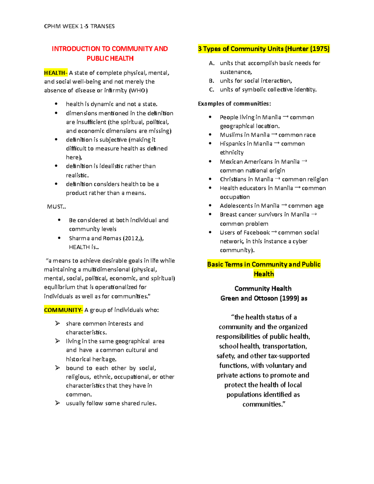 Introduction TO Community AND Public Health - CPHM WEEK 1-5 TRANSES ...