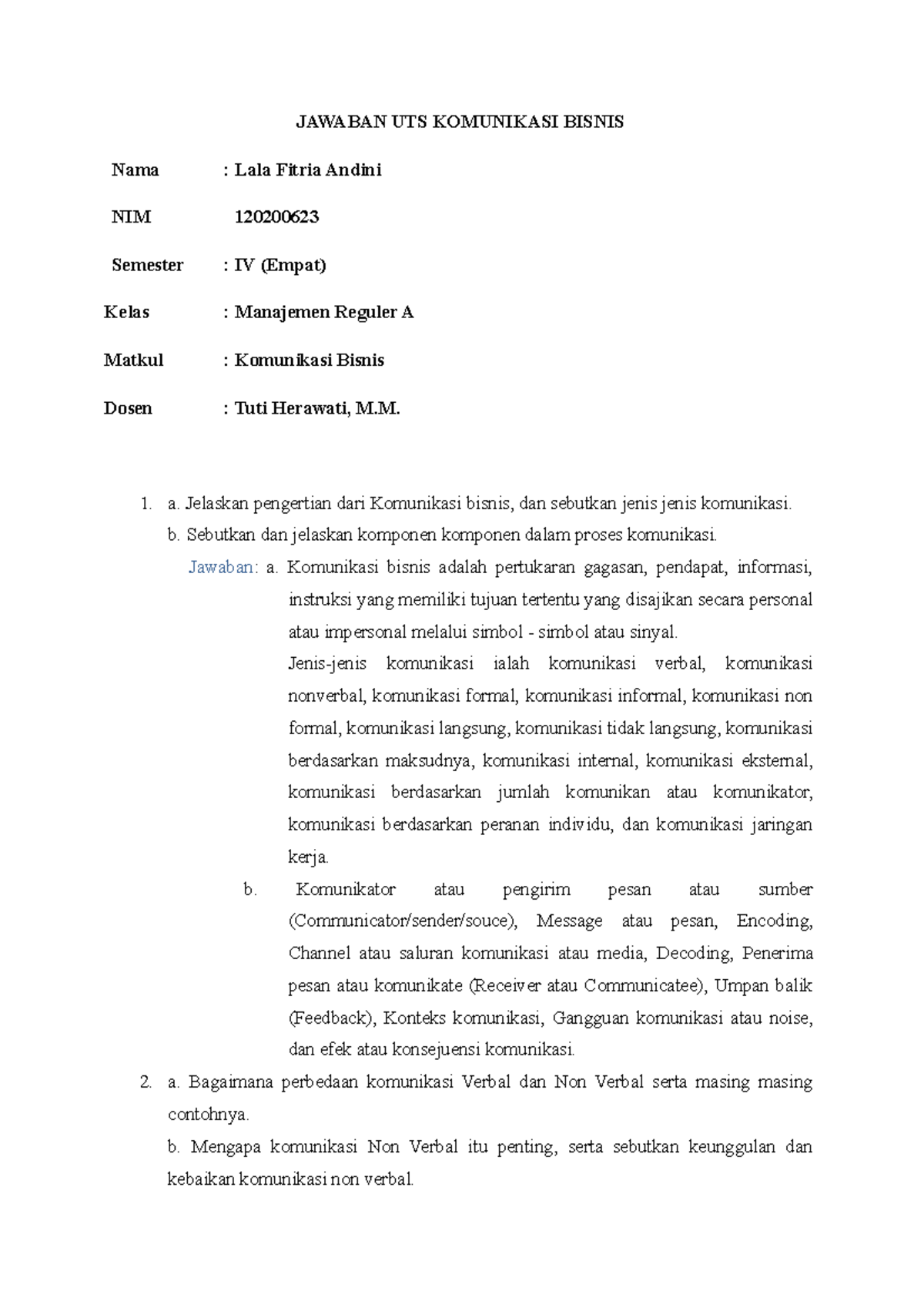 Jawaban UTS Komunikasi Bisnis LALA Fitria Andini 1202006 23 Semester 4 ...