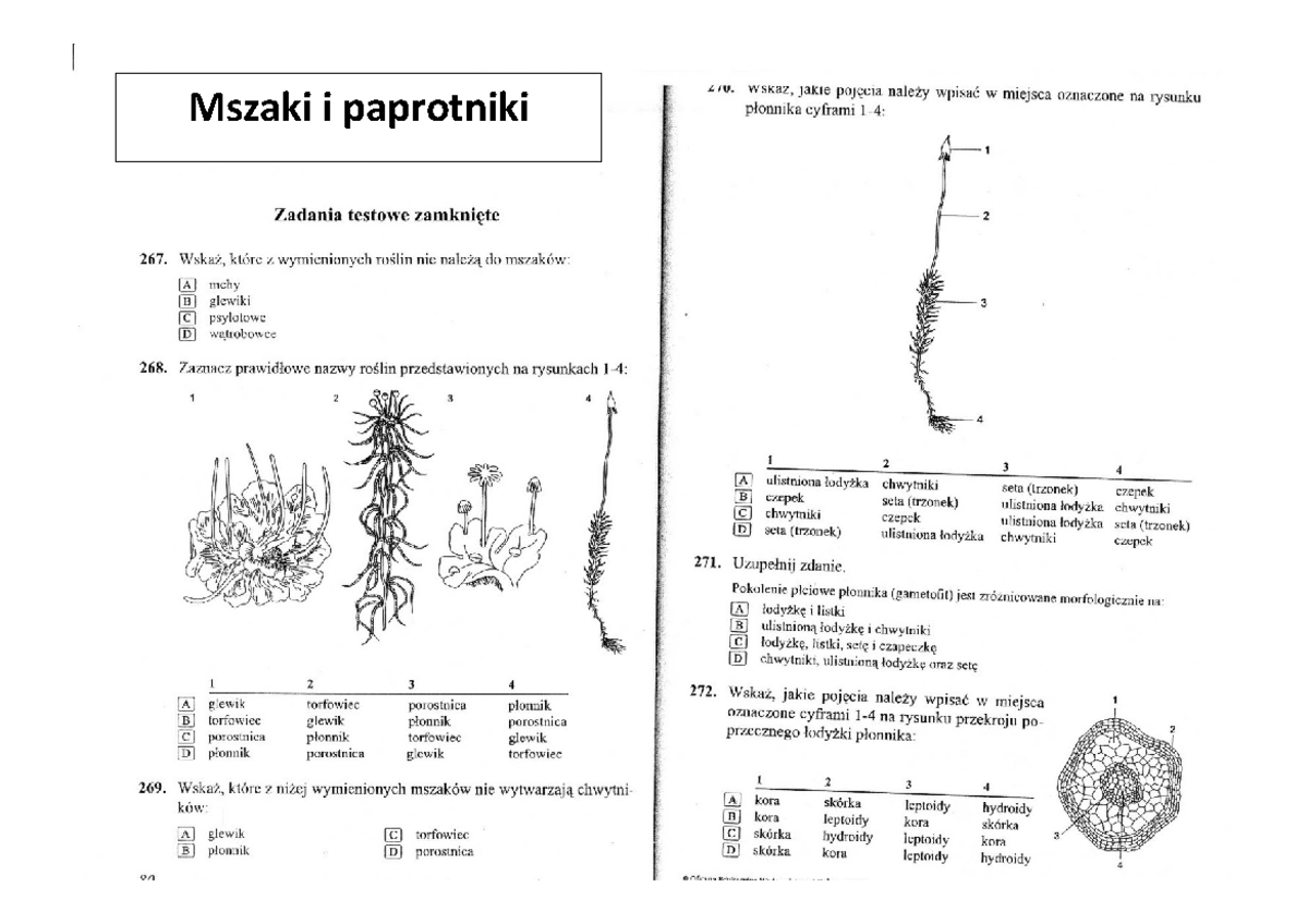 Mszaki i paprotniki - Anatomia - Mszaki i paprotniki - Studocu