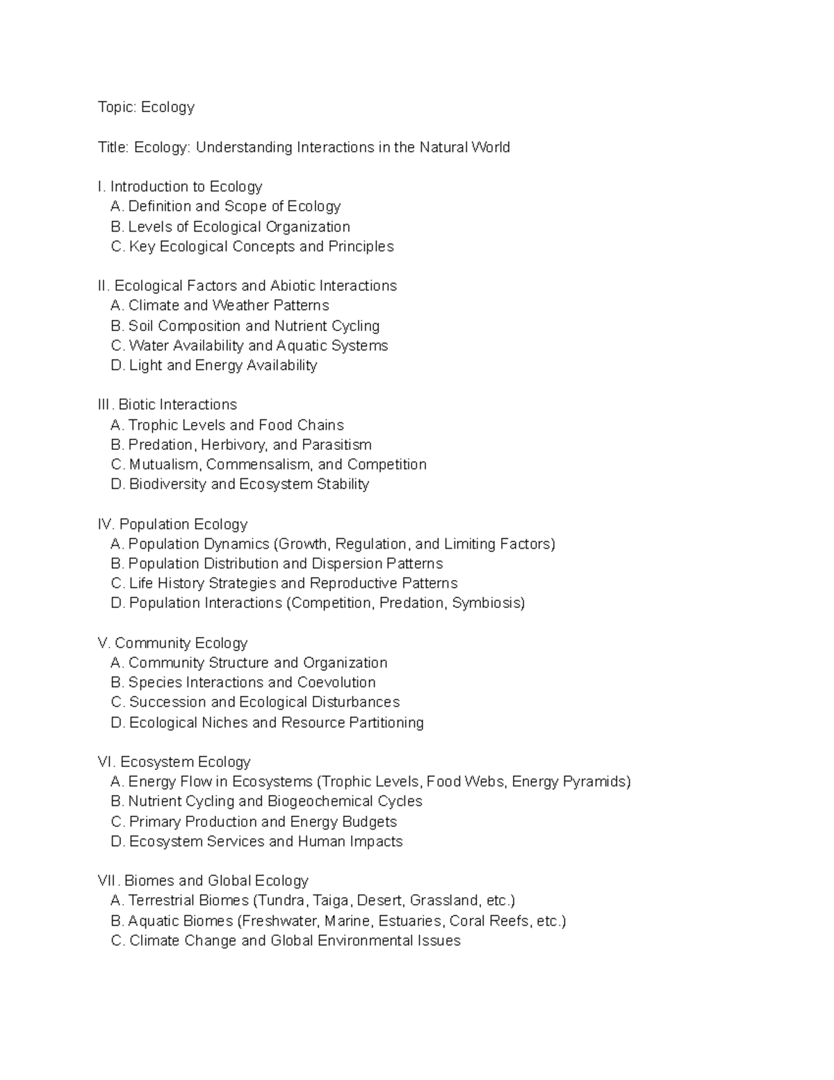 Topic Ecology - Evolution and Behavior (BIO 130) - Topic: Ecology Title ...