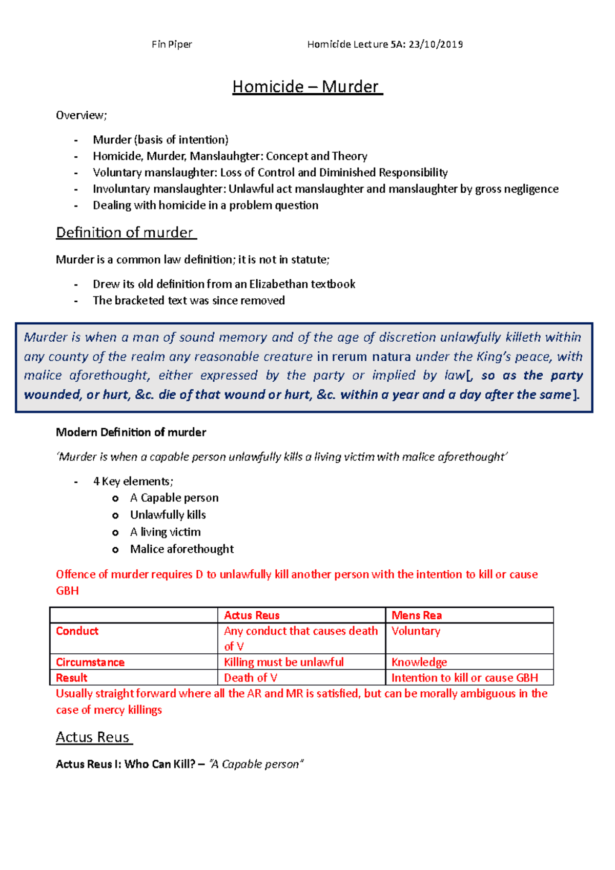 Lecture 5A - Murder - Fin Piper Homicide Lecture 5A: Homicide Murder ...
