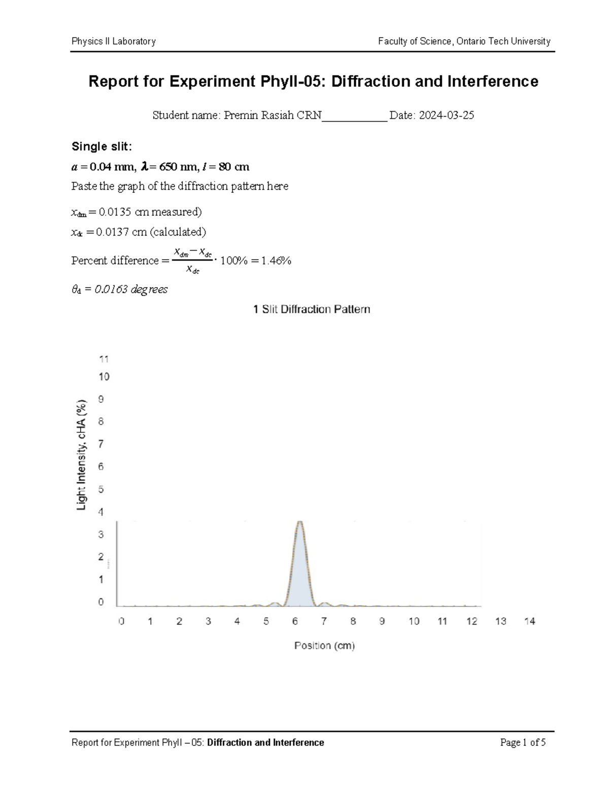 Report Diffraction - Report for Experiment PhyII-05: Diffraction and Interference Student name ...
