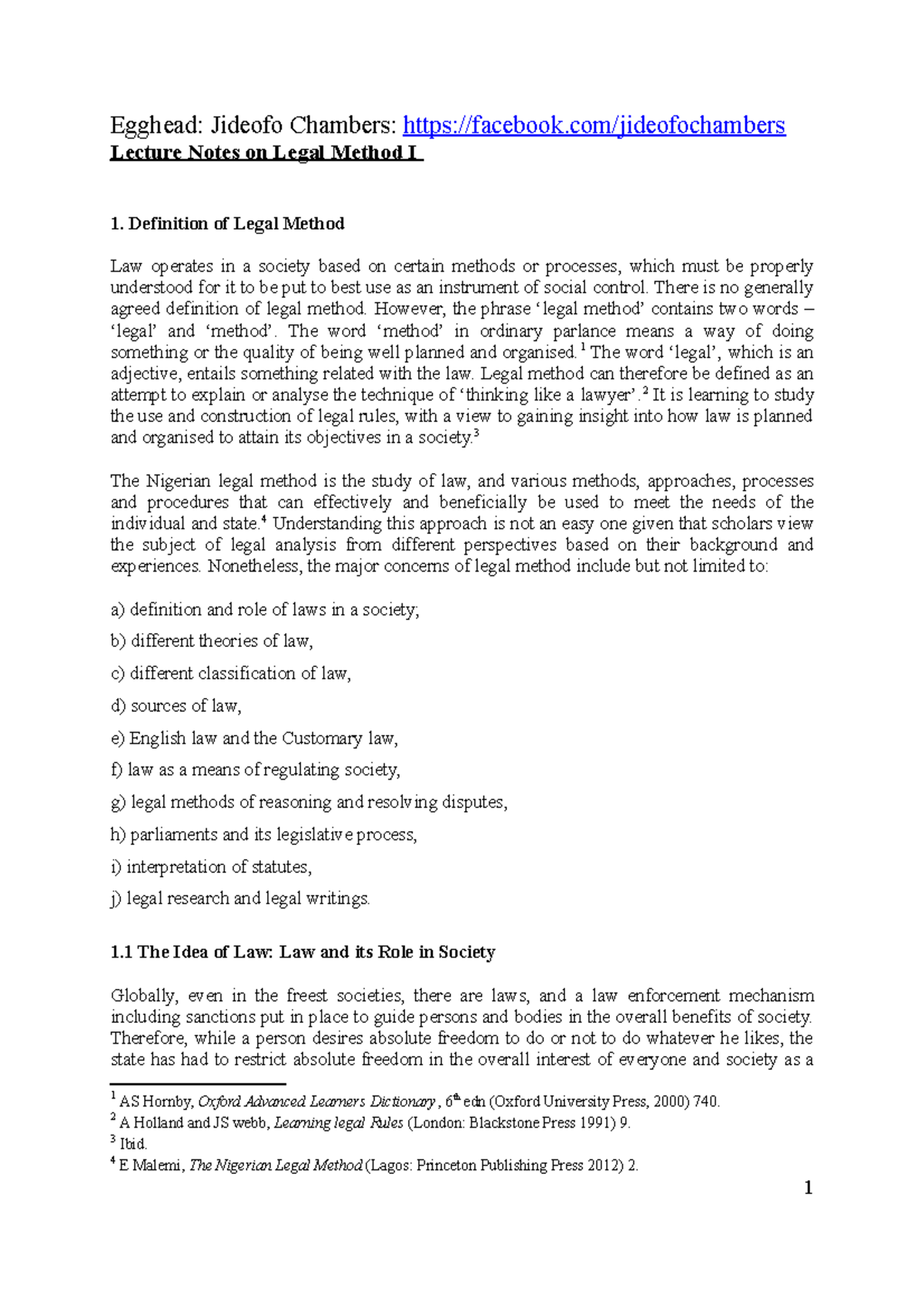 Legal Method Lecture Notes Law 111 - Lecture Notes on Legal Method I 1 ...