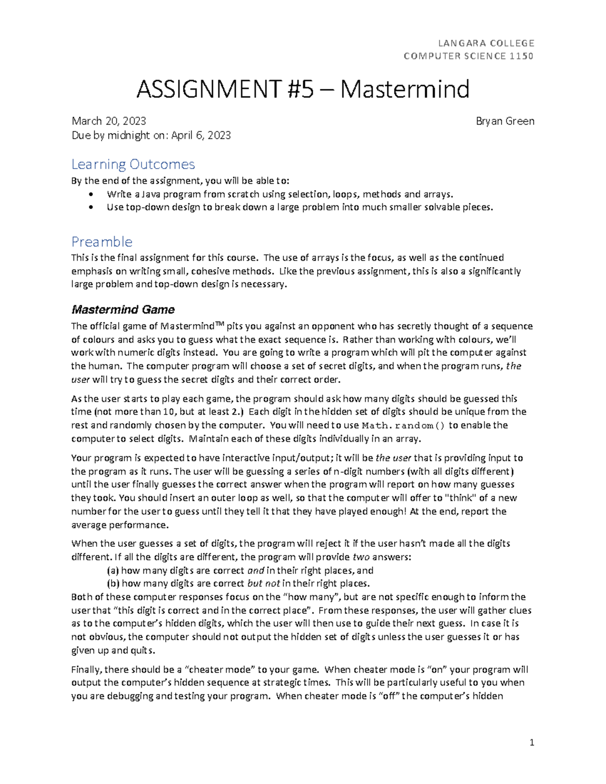 A5-Master Mind - This was the 5th assignment by Bryan Green - LANGARA COLLEGE COMPUTER SCIENCE ...
