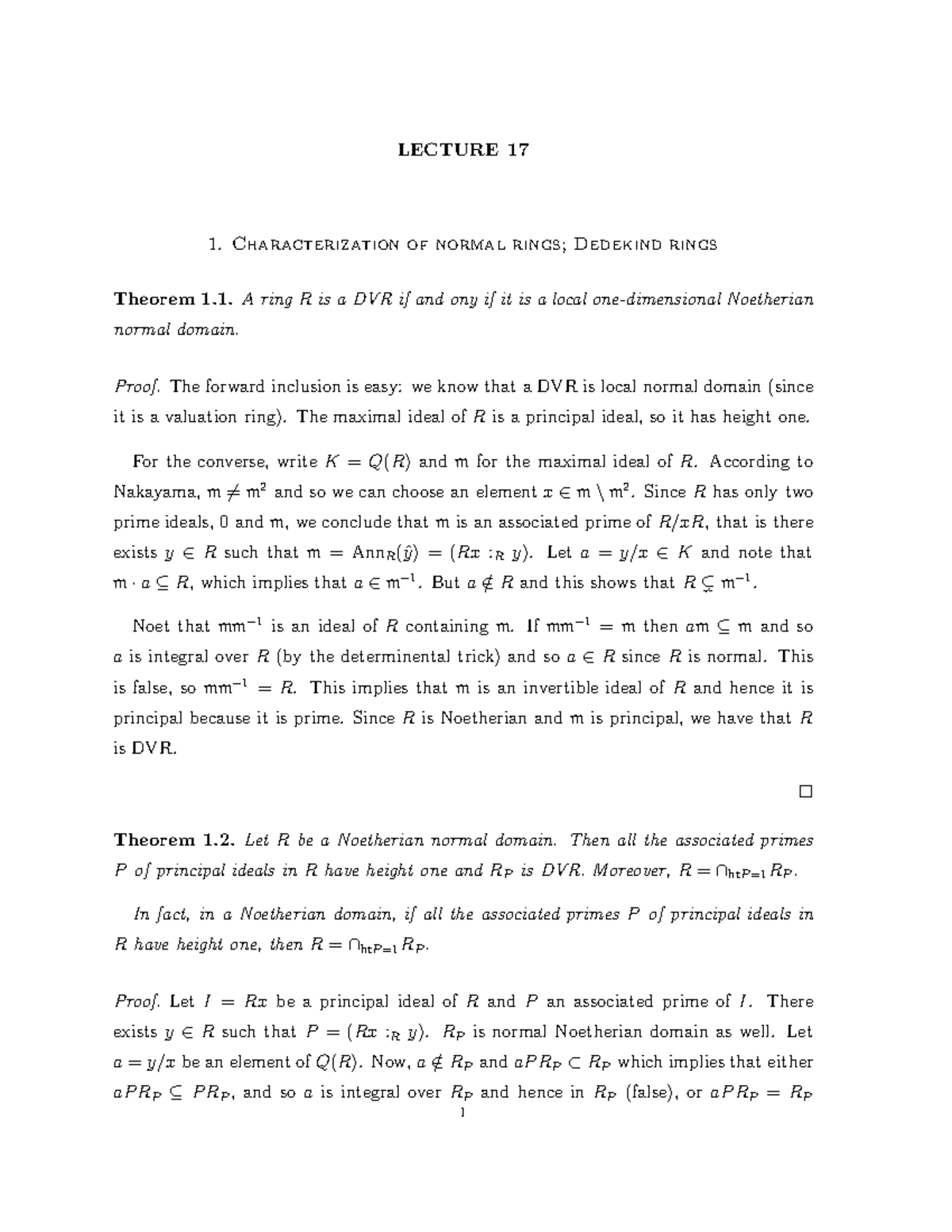 Lecture Notes - Lecture 17 - LECTURE 17 1. Characterization of normal ...