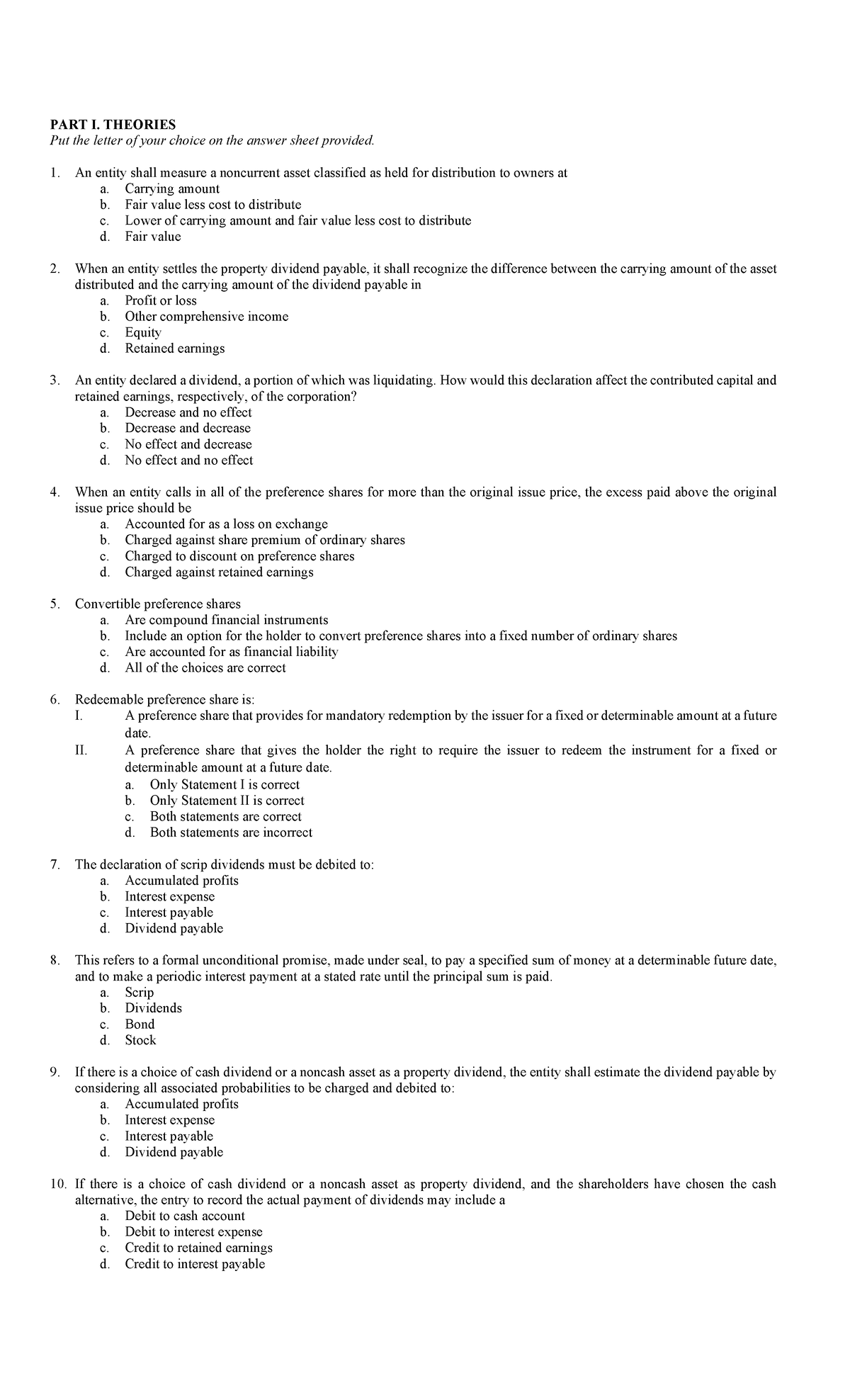 Practice-Set Shareholders-Equity Questionnaire - PART I. THEORIES Put ...