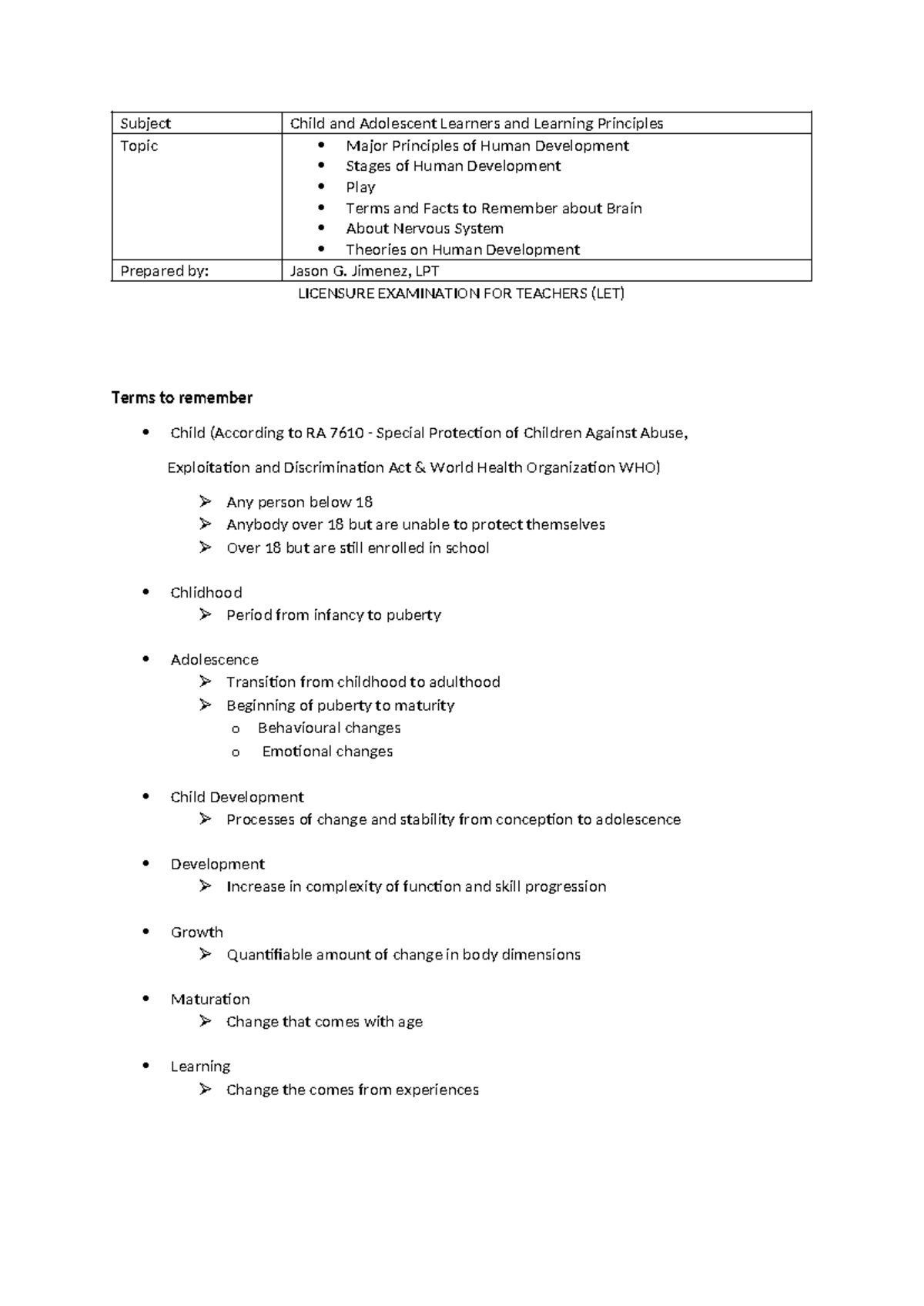 Child and Adolescent E Handout - Subject Child and Adolescent Learners ...