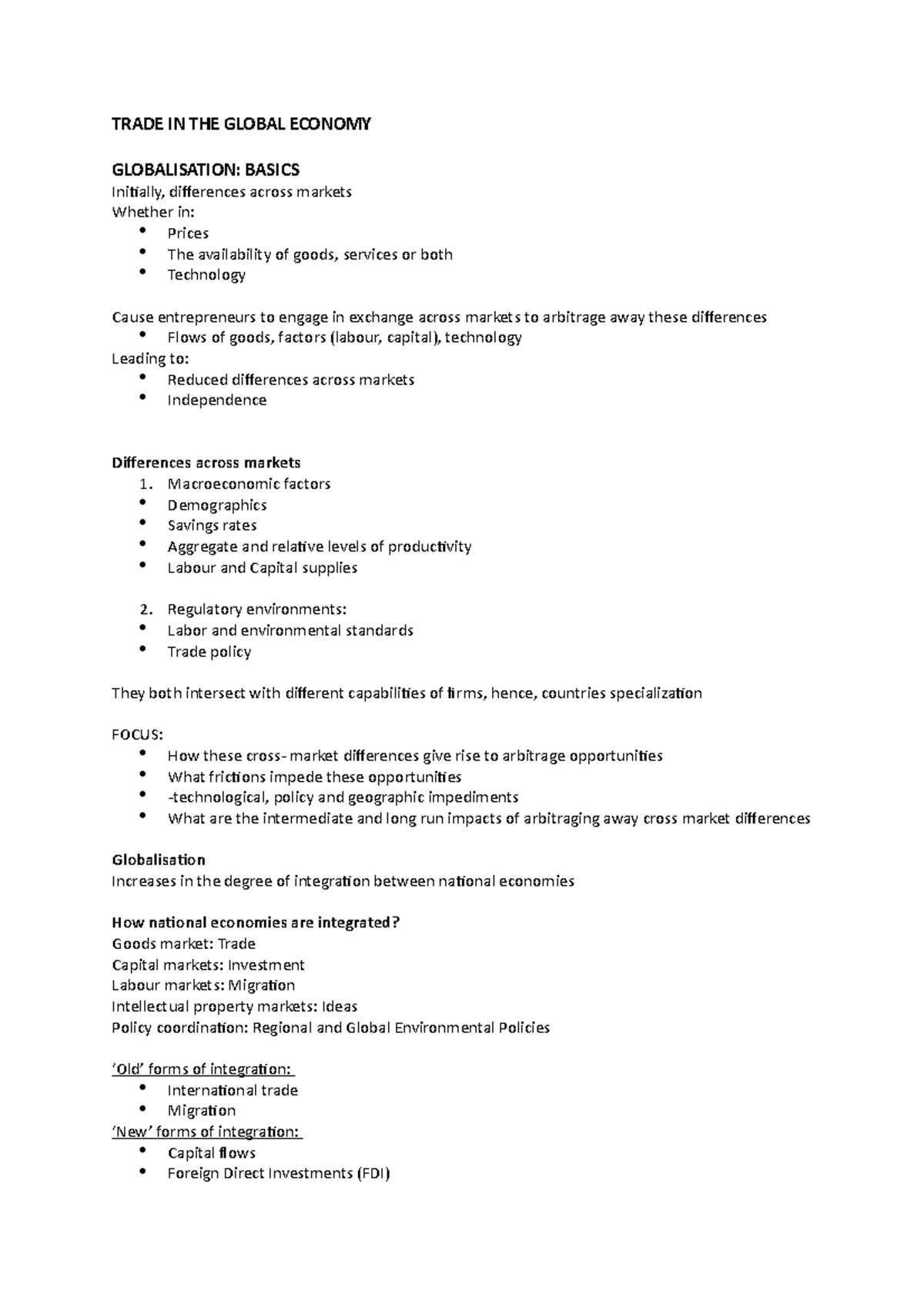 Trade notes - TRADE IN THE GLOBAL ECONOMY GLOBALISATION: BASICS ...
