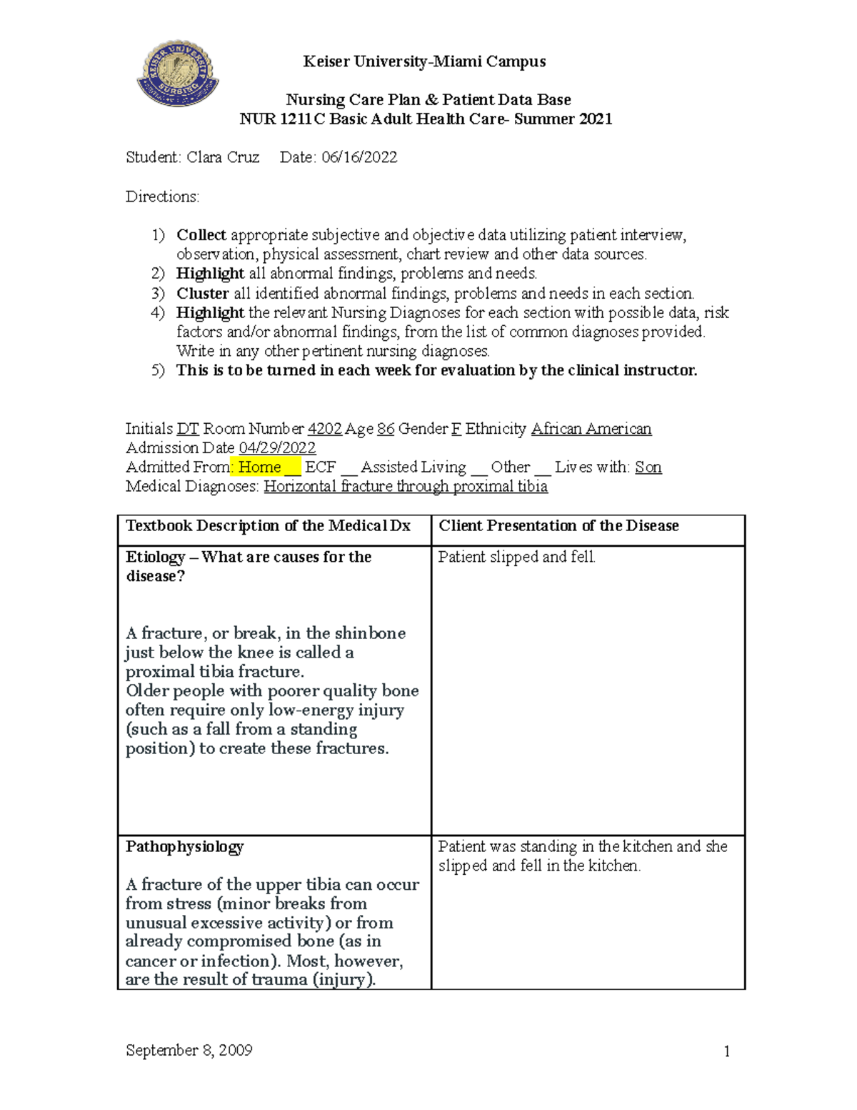 Nursing Care Plan BAH - Nursing Care Plan & Patient Data Base NUR 1211C ...