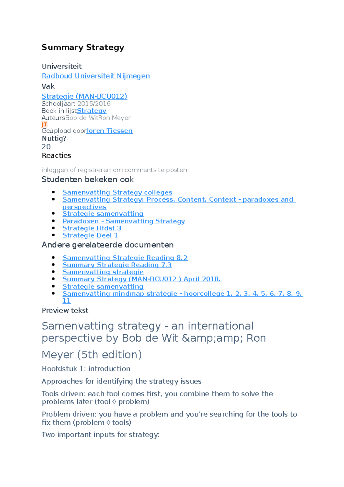 Summary Strategy - Summary Strategy Universiteit Radboud Universiteit ...