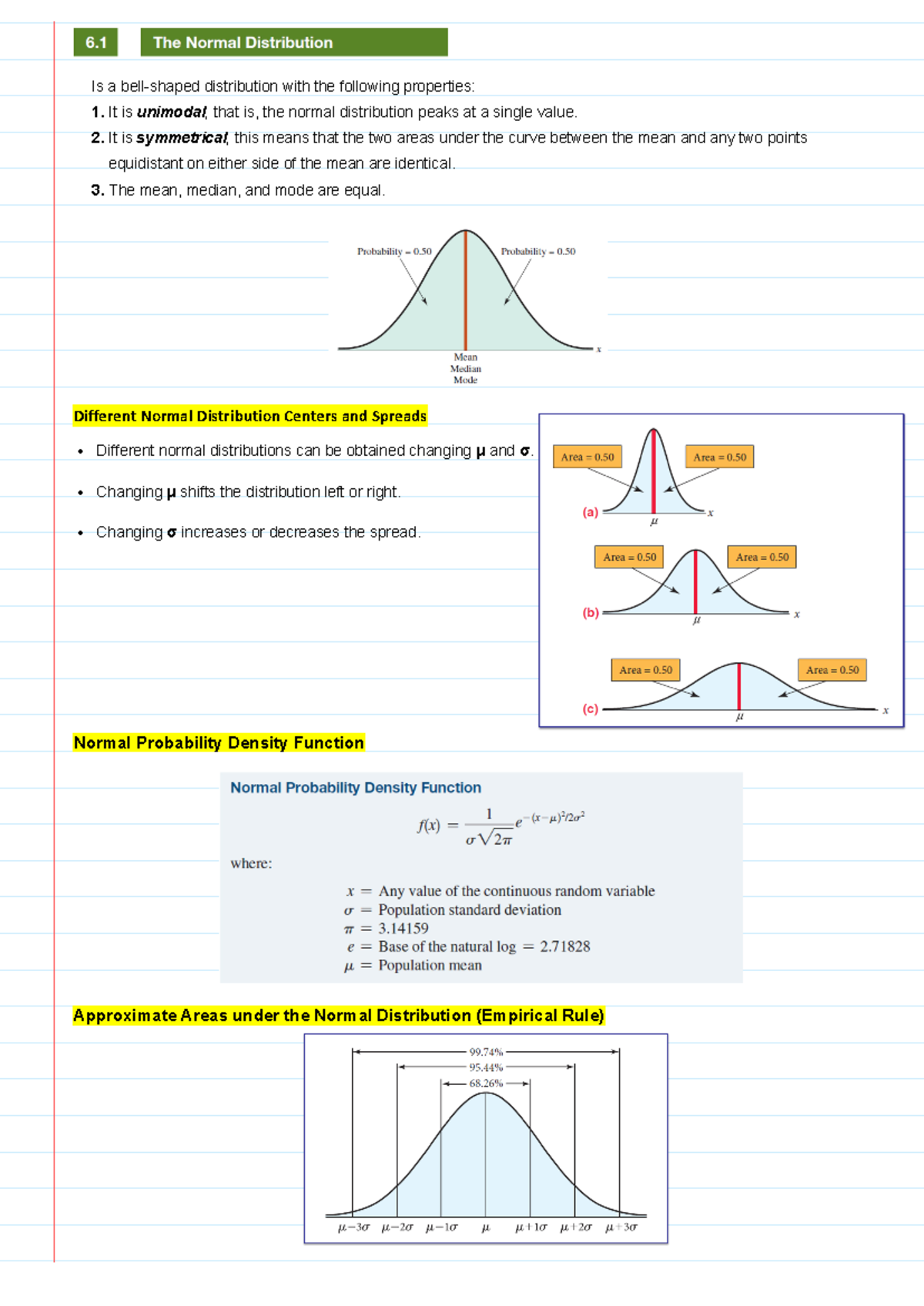 Chapter 6 Notes - Is a bell-shaped distribution with the following ...