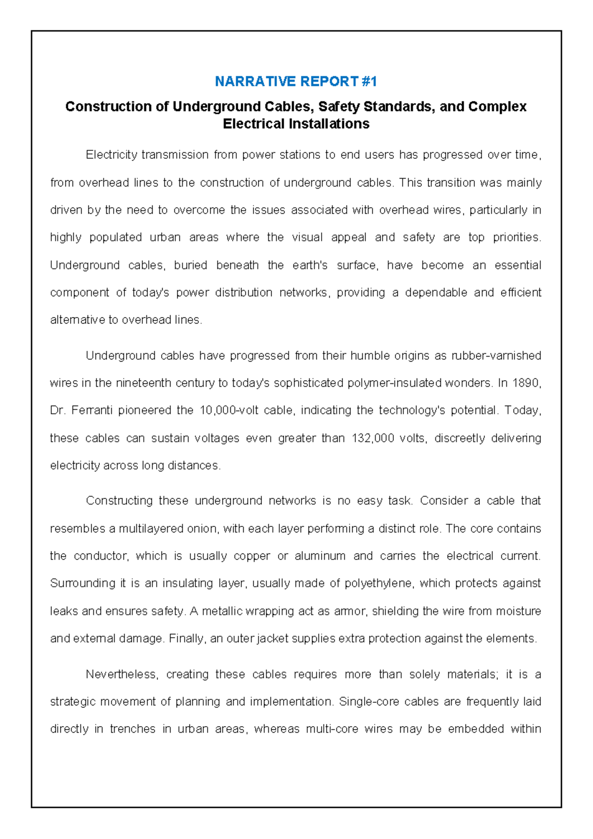 Narrative #1 - cable design - NARRATIVE REPORT Construction of ...